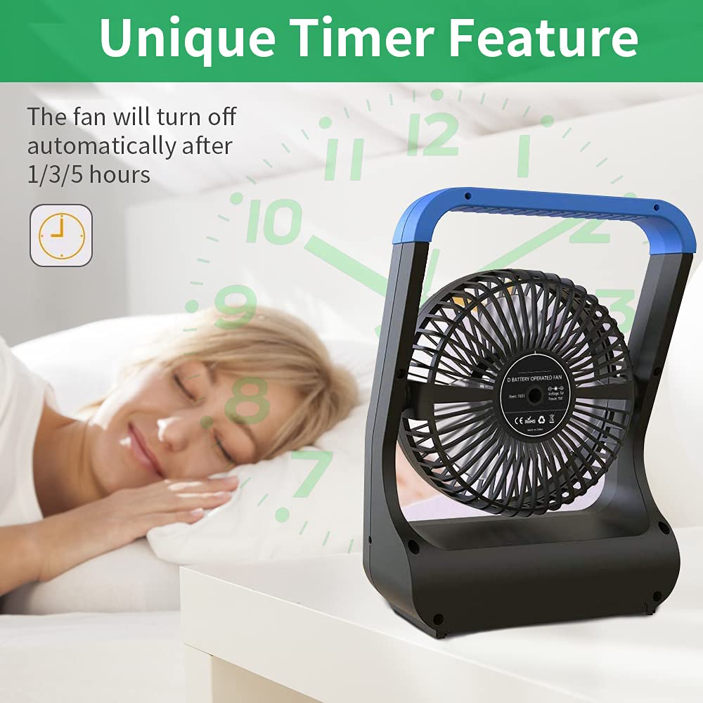 LAVESO D-cell Battery Operated Fan, Super Long Lasting Battery Powered Fan, 5 inch Portable Camping Fan, USB Desk Fan for Office Bedroom Workshop Outdoor, Quiet, 3 Speeds, Timer