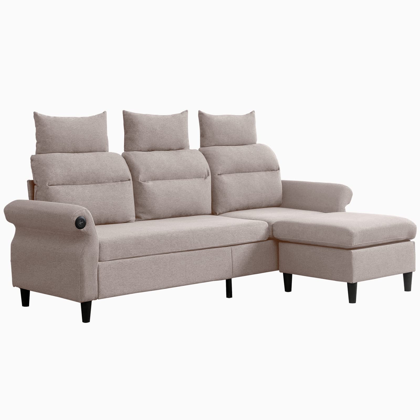 Mjkone Convertible Sectional Sofa Couch, 3 Seat L Shaped Headrest Sofa with 2 USB Ports and Adjustable Armrest, 88" W Modular Sectional Sofa Set with Storage Ottoman for Living Room, Beige