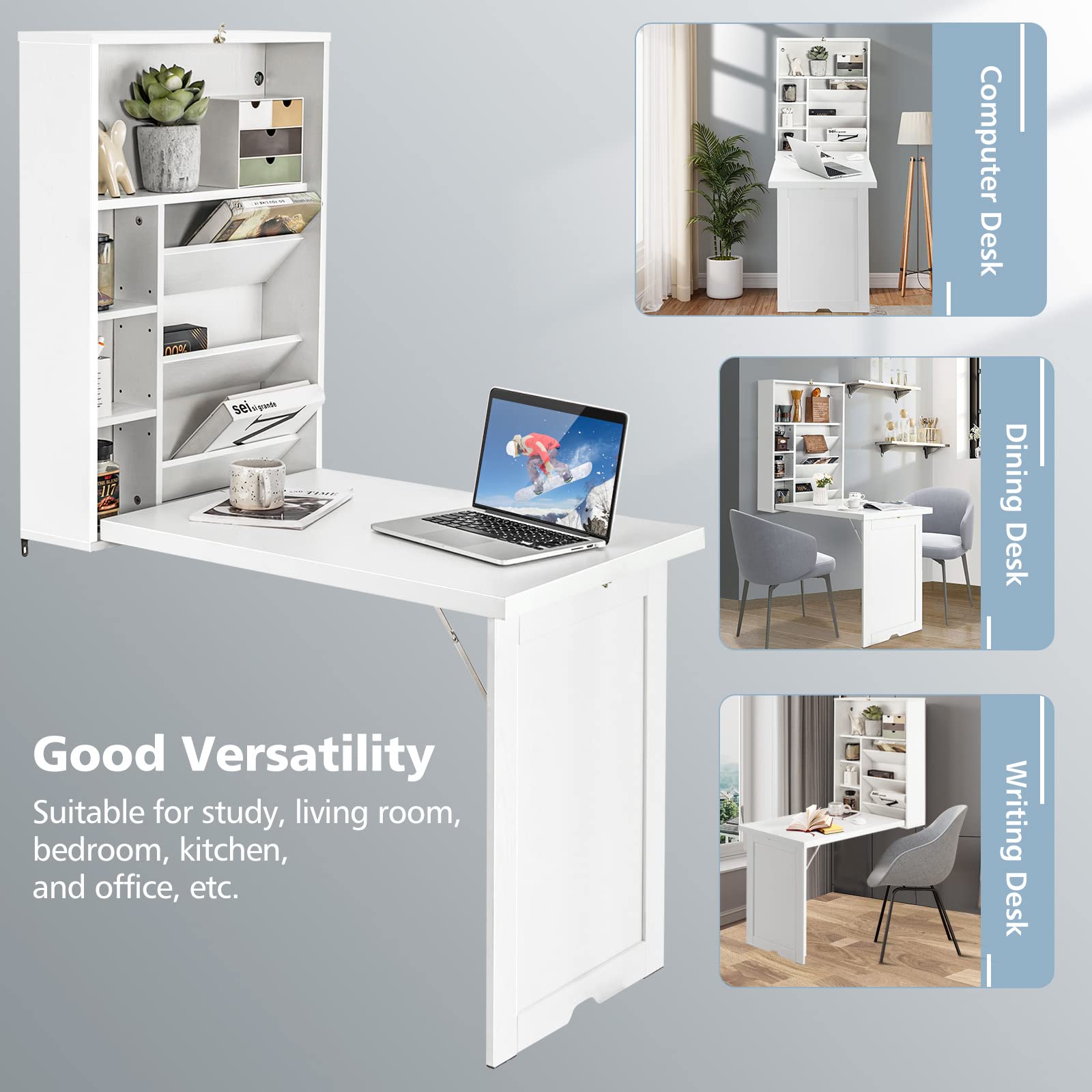 IFANNY Folding Wall Mounted Desk, Fold Down Desk with Storage Shelves, Wood Convertible Desk for Small Spaces, Murphy Desk Wall Mount, Floating Desk for Home Office (White)