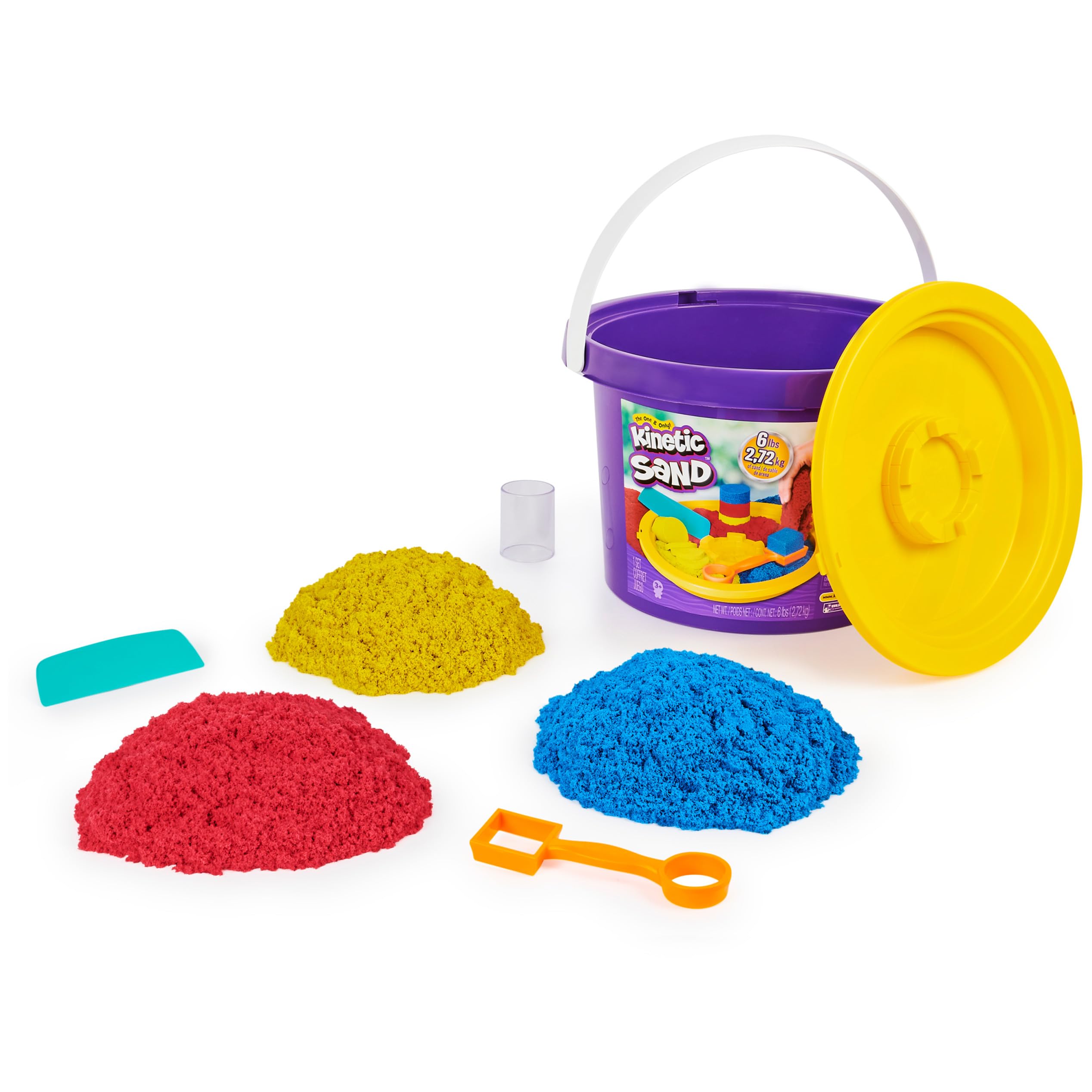 Kinetic Sand, 6lbs Bucket with 3 Colors of All-Natural and 3 Tools, Play Sand Sensory Toys for Kids Ages 3 and up