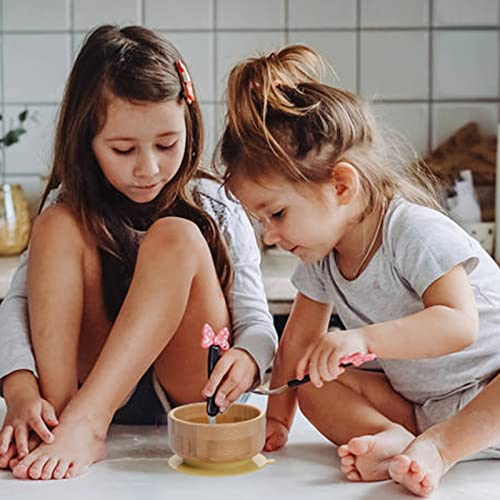 Baby Bamboo Bowls with Suction and Matching Spoon Set - 2PC Feeding Supplies Set for Infant, Toddlers - Detachable Silicone Suction Stay Put Base for Wooden Bowl - BPA Free (Marble)