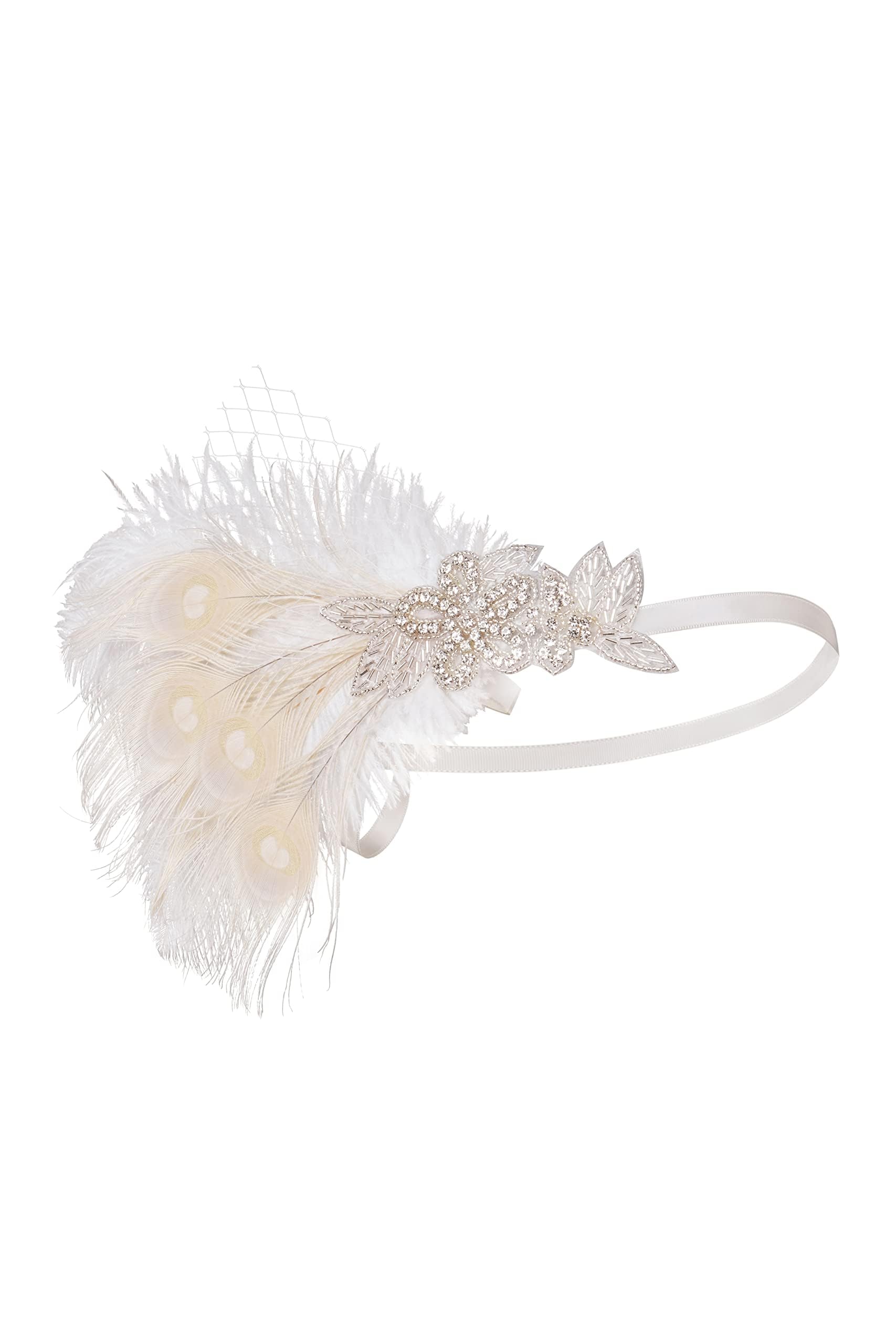 BABEYOND Women's Peacock Gatsby Party Wedding Headband with Ribbon Flapper Costumes Accessories Peacock Headband with Feather Apricot
