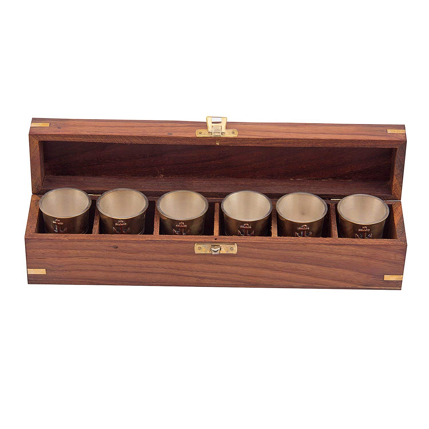Brass Tequila Shot Glass with Anchor Monogram in Handmade Wooden Box β Six Glass Set