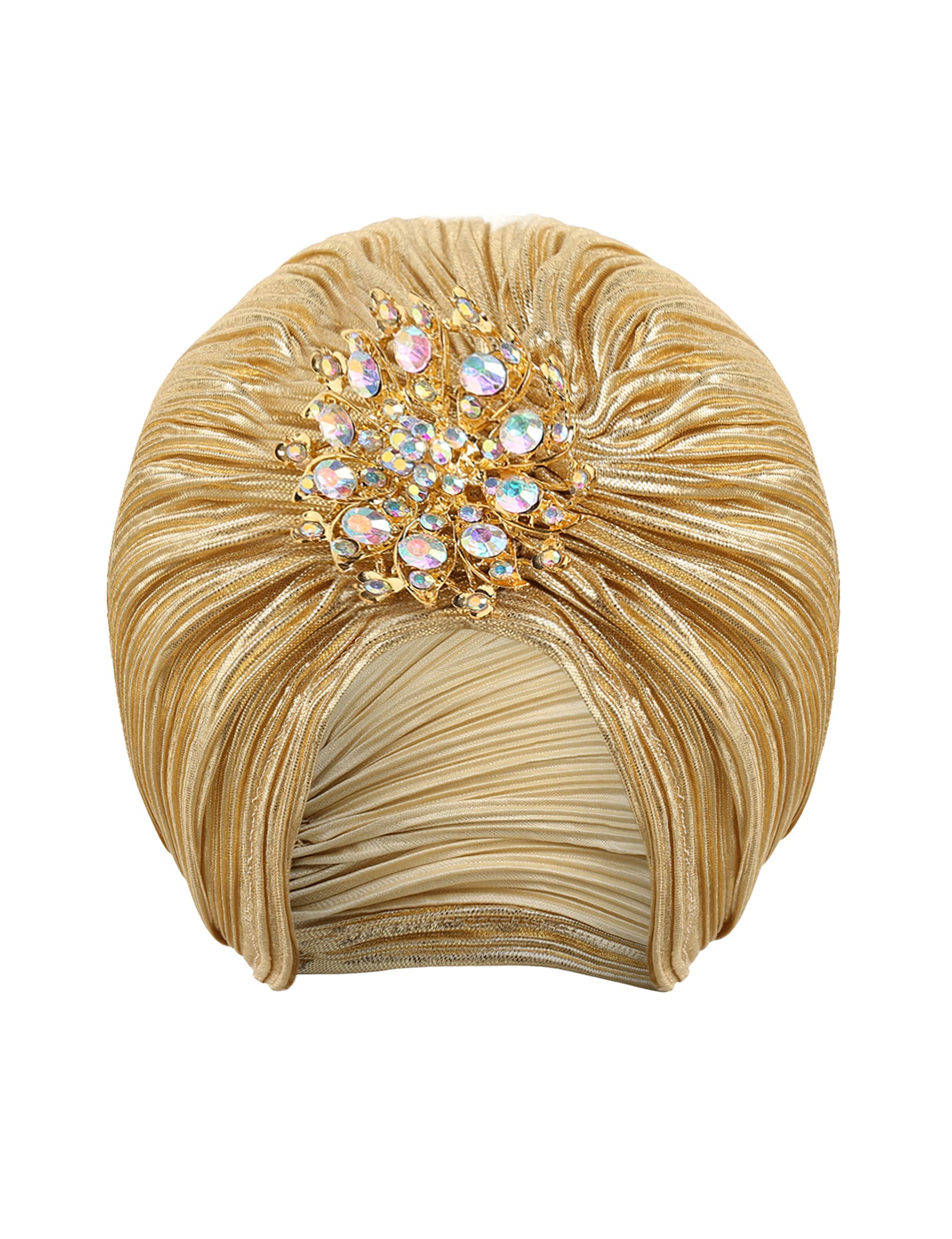 BABEYOND Women's Turban Hat with Crystal Vintage Head Wrap Knit Pleated Turban (Gold)