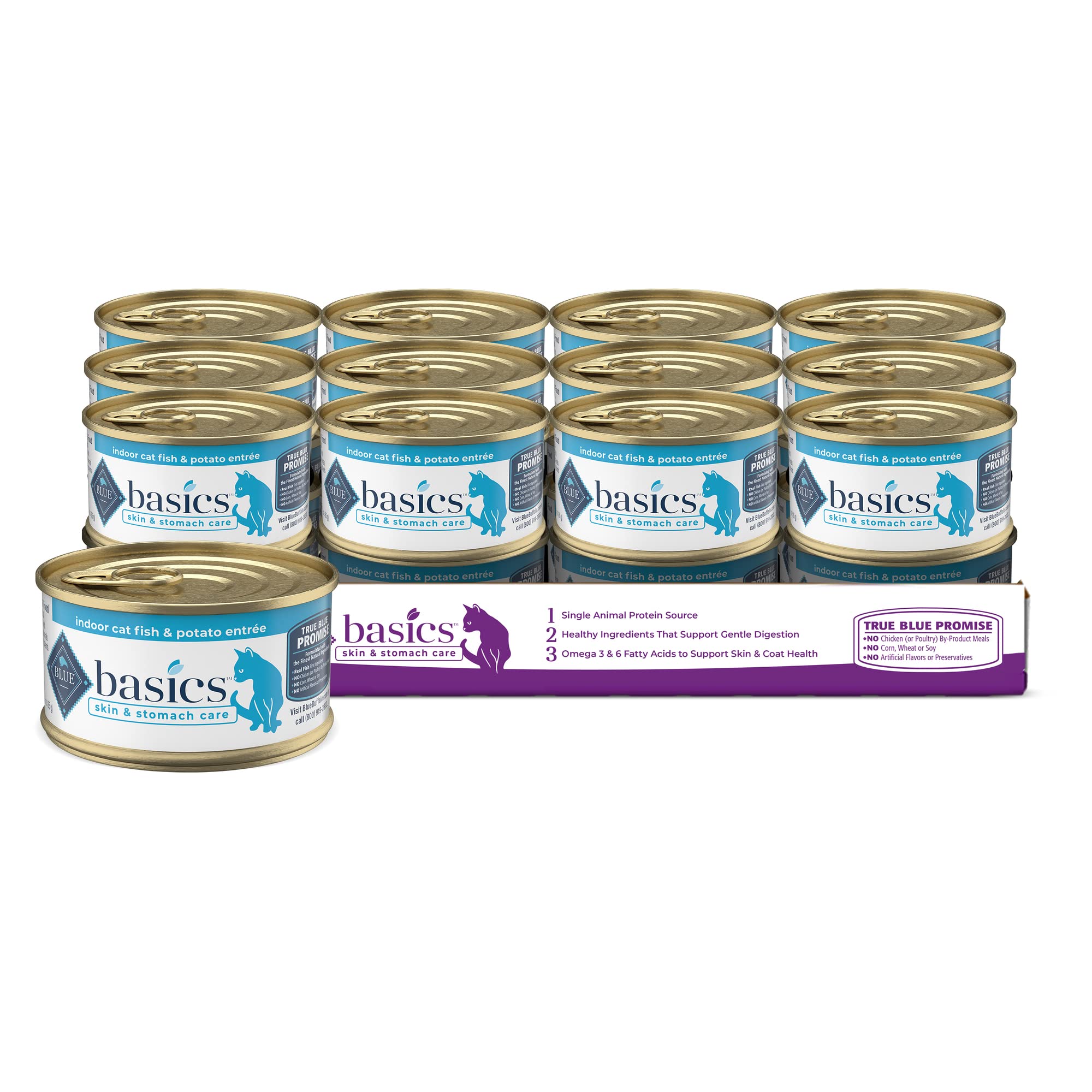 Blue Buffalo Basics Skin & Stomach Care, Grain Free Natural Adult Pate Wet Cat Food, Indoor Fish 3-oz cans (Pack of 24)