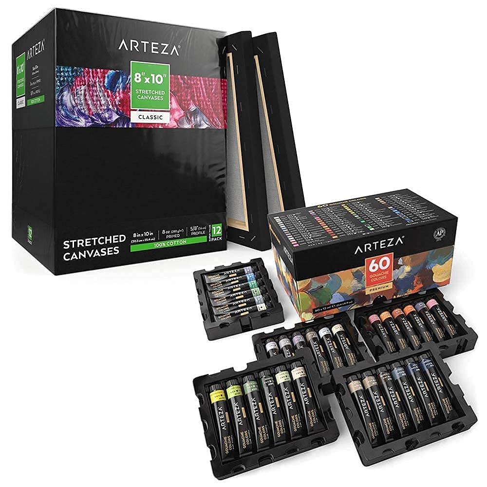 ARTEZA Gouache and Black Canvas Bundle, Painting Art Supplies for Artist, Hobby Painters & Beginners