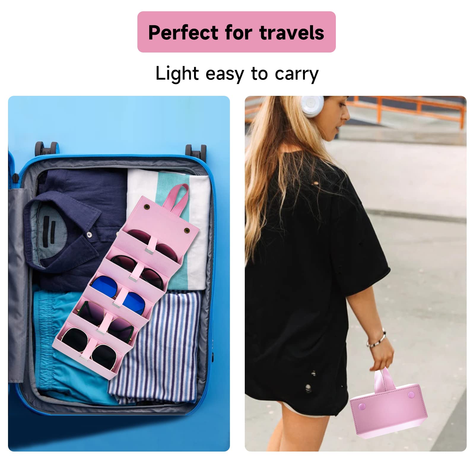 BBKON Sunglasses Organizer with 5 Slots, Travel Glasses Case, Portable Eyeglasses Holder Storage Box for Men Women (Pink)