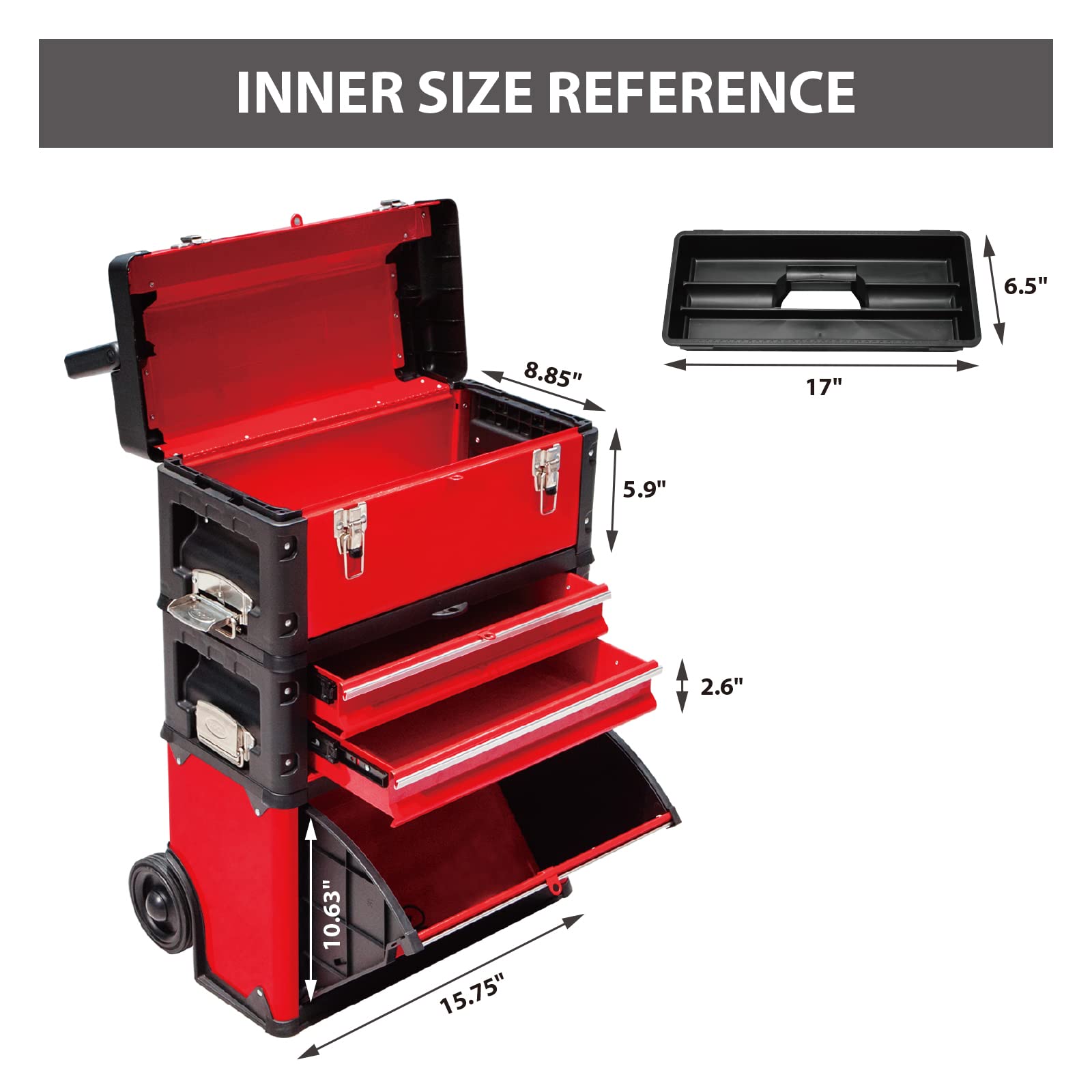 BIG RED Stackable Portable Metal Tool Box Organizer with Wheels and 2 Drawers, Rolling Upright Trolley Tool Chest for Garage or Workshop,Red,ATRJF-C305ABDR