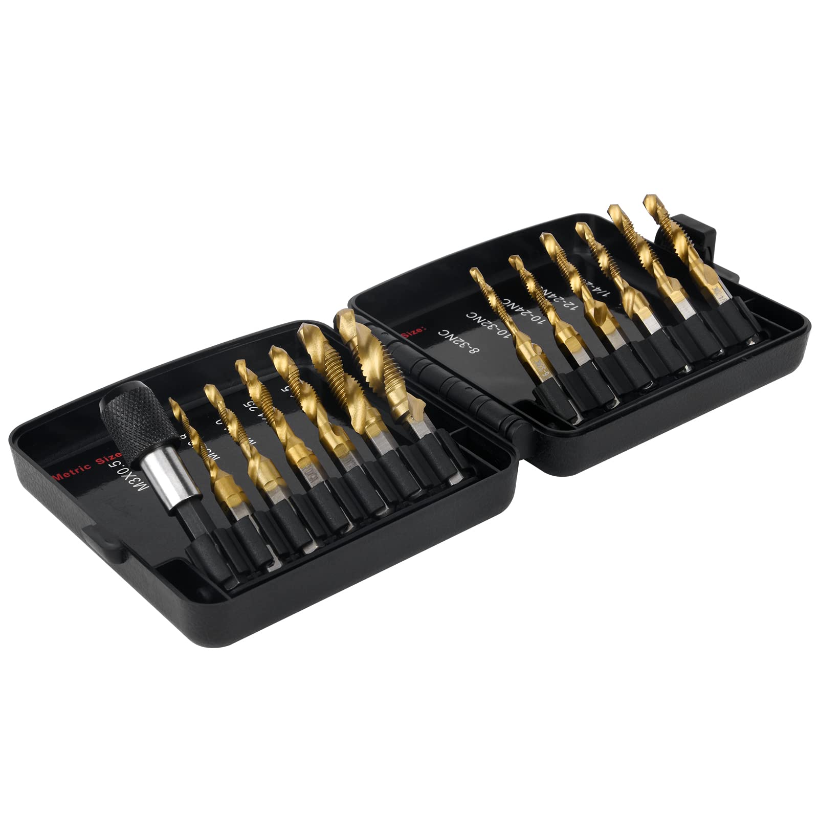 Drill Tap Bit Set, 3 in 1 Thread Tapping Drill Bit with Box, Hex Shank High Speed Steel Twist Drill Tapping Tool with Quick Change Adaptor, 13pcs
