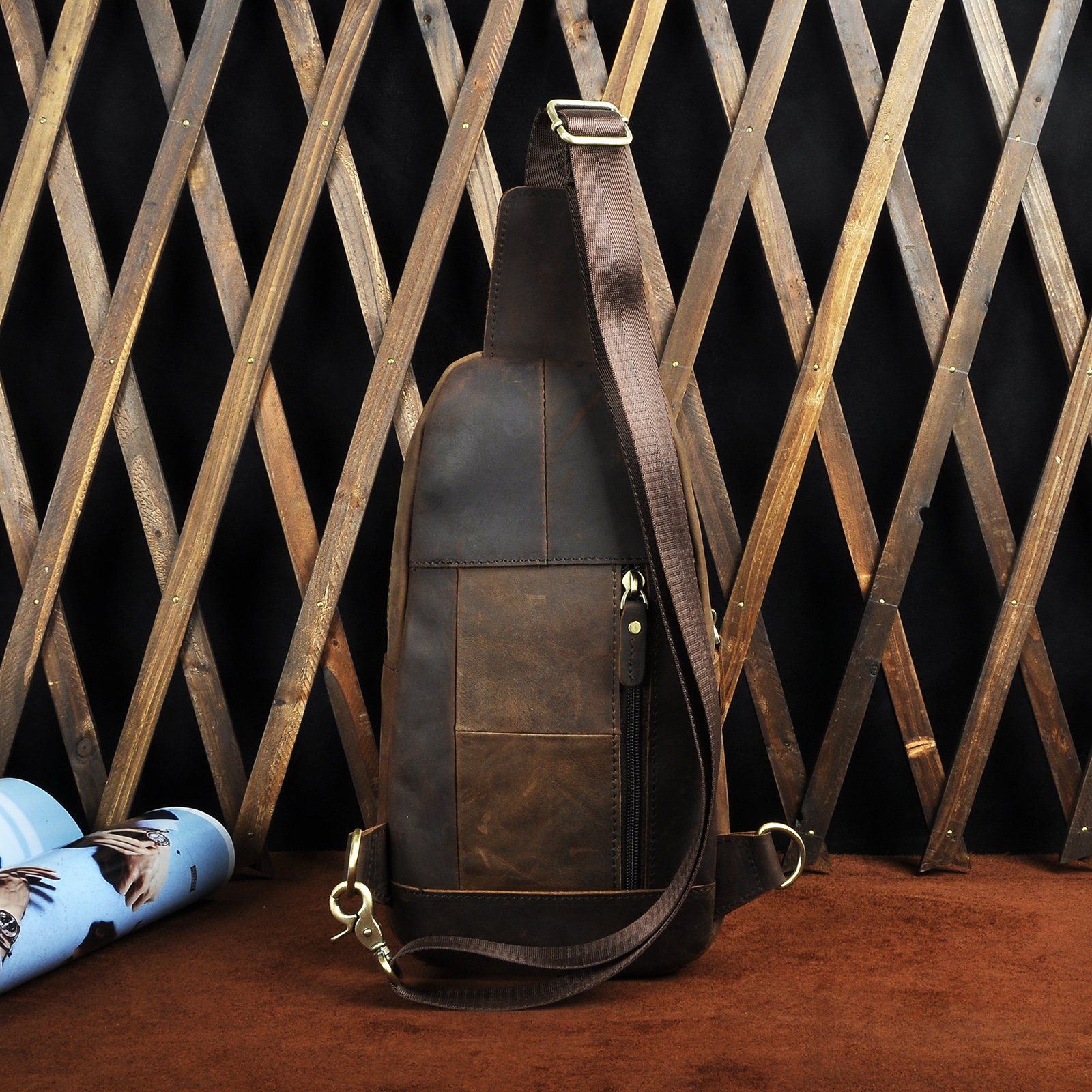 Le'aokuu Men Outdoor Casual Travel Hiking Tea Crossbody Chest Sling Bag Rig One Shoulder Strap Bag Backpack Men Leather