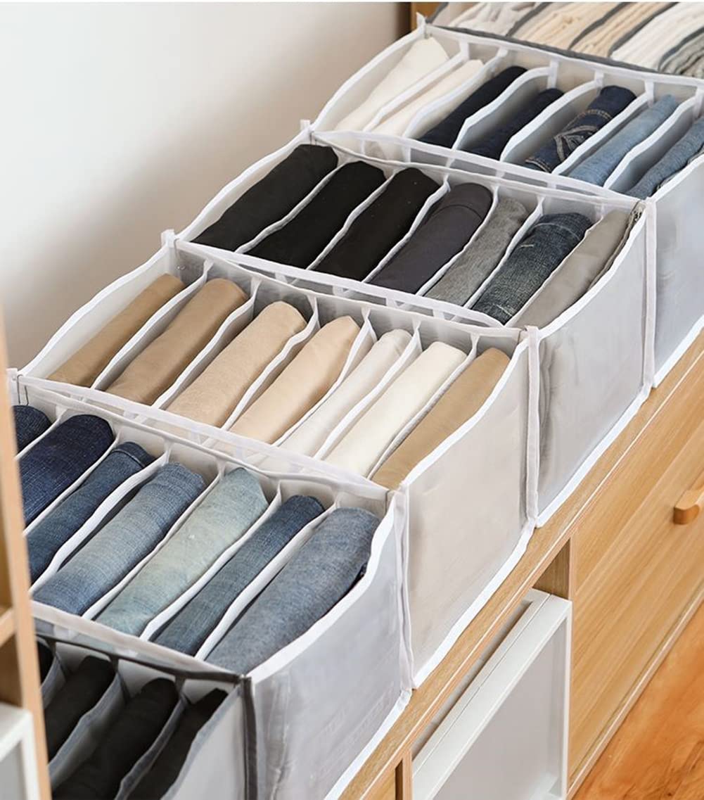 Wardrobe Clothes Organizer for Closet and Mesh Storage for Jeans Folded Clothes, Drawer Organizer Clothes (Jeans with 7 Grids Large White)