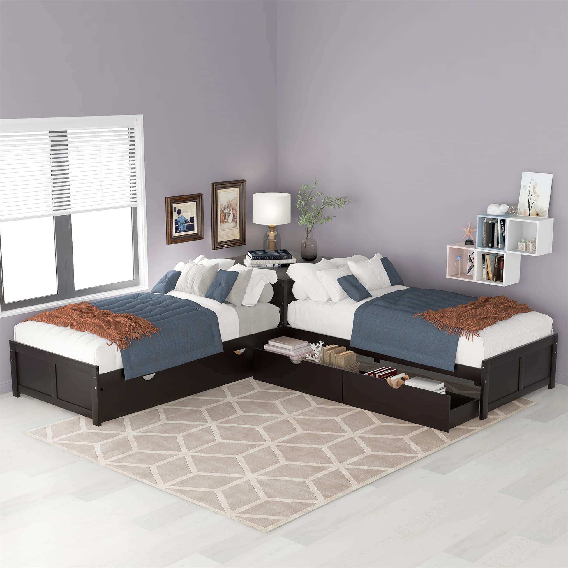 Harper & Bright Designs L-Shaped Platform Bed with Trundle, Wooden Corner Daybed with Storage Drawers and Desk, 3 Beds for Kids Teens Bedroom Furniture (Twin, Espresso)