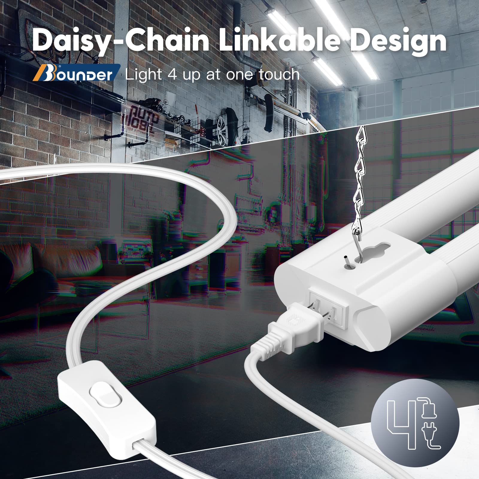 BBOUNDER 14 Pack Linkable LED Utility Shop Light, 4 FT, 6500K Cool Daylight, 4400 LM, 48 Inch Integrated Fixture for Garage, 40W Equivalent 250W, Surface + Suspension Mount, White