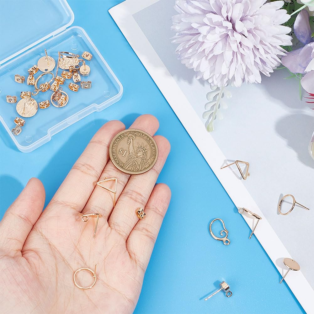 BENECREAT 8 Pairs 8 Style 18K Real Gold Plated Geometric Brass Stud, Round Triangles Stud Earring Findings with Loops and 20Pcs Plastic Ear Nuts for Earring Making, Pin: 0.8mm