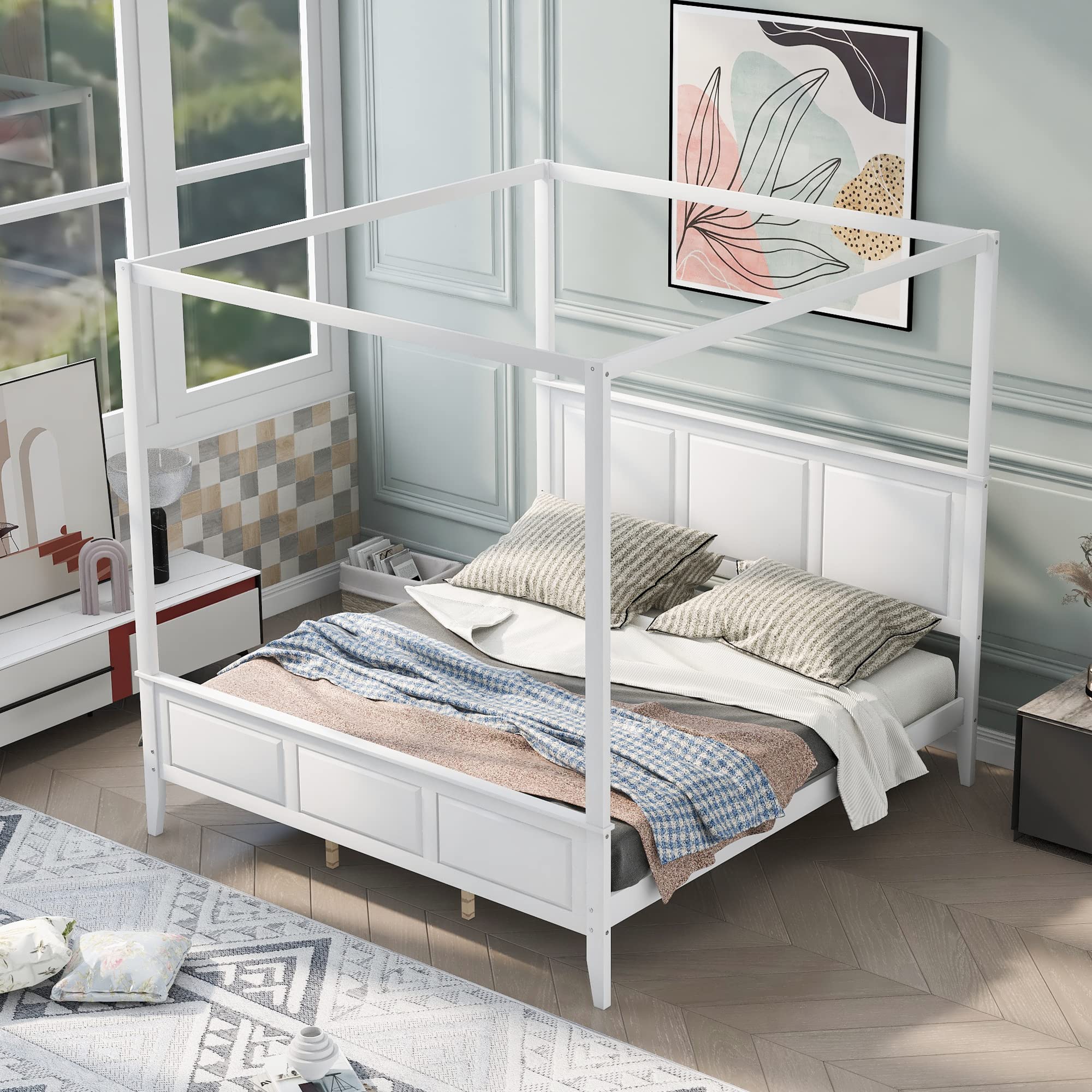 BIADNBZ King Size Canopy Bed Frame Wood 4 Poster Panel Platform Beds with Headboard, Footboard and Slats Support Leg, No Box Spring Needed/Easy Assembly, White