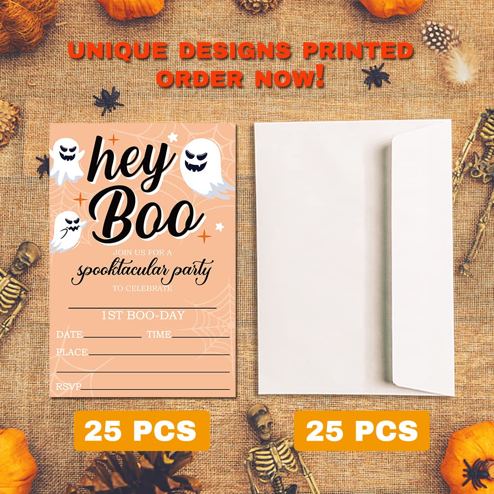Deluxe Halloween or Costume Party Invitations, 25 Fill-in Cards with Envelopes, Pumpkin, Ghost, Monster, Cute Trick or Treat, Box or Treat for Kids Birthday or Adult party - 4"X6" (JRM358)