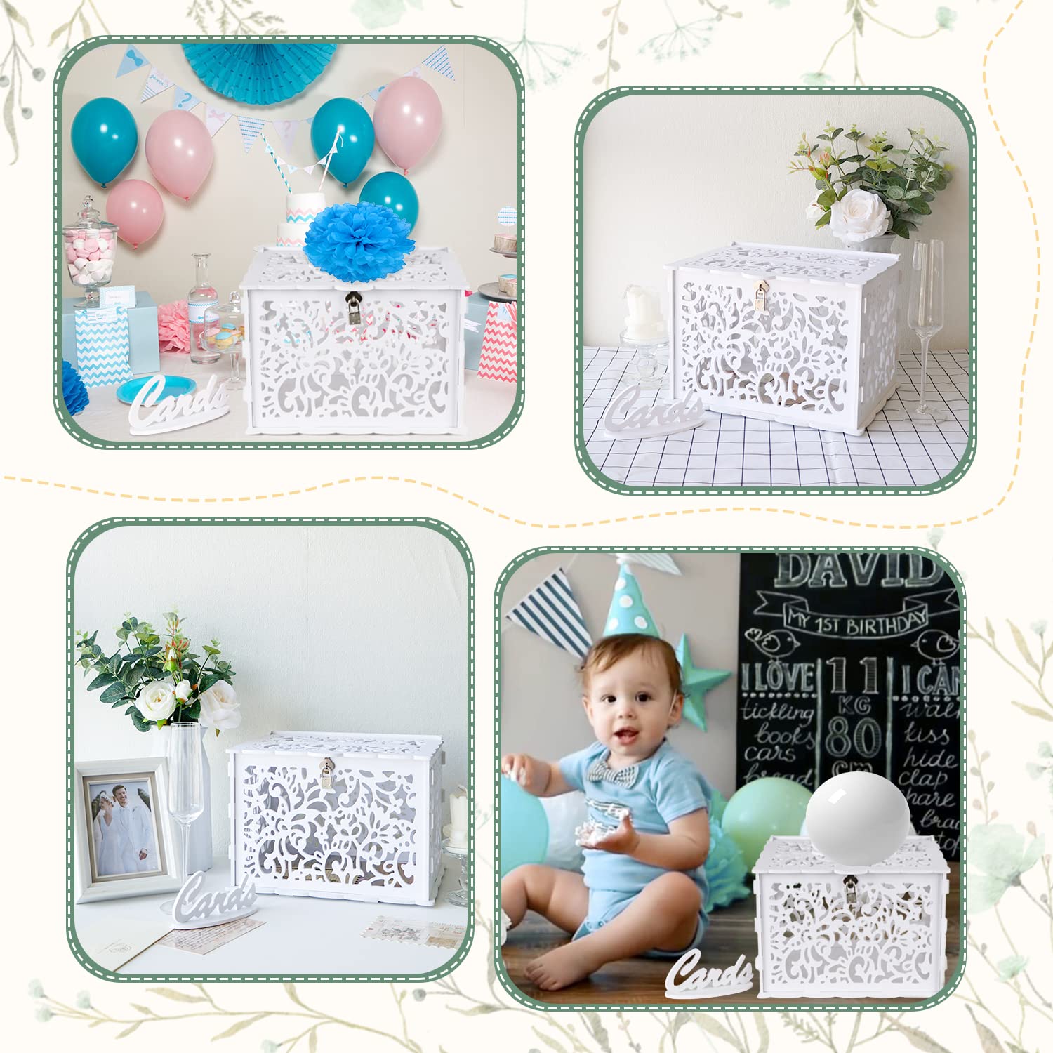 CYAOOI White Wedding Card Box with Lock, PVC Gift Card Box for Wedding Reception, DIY Wedding Money Envelope Card Box for Graduation Party Birthday Baby Shower Decorations