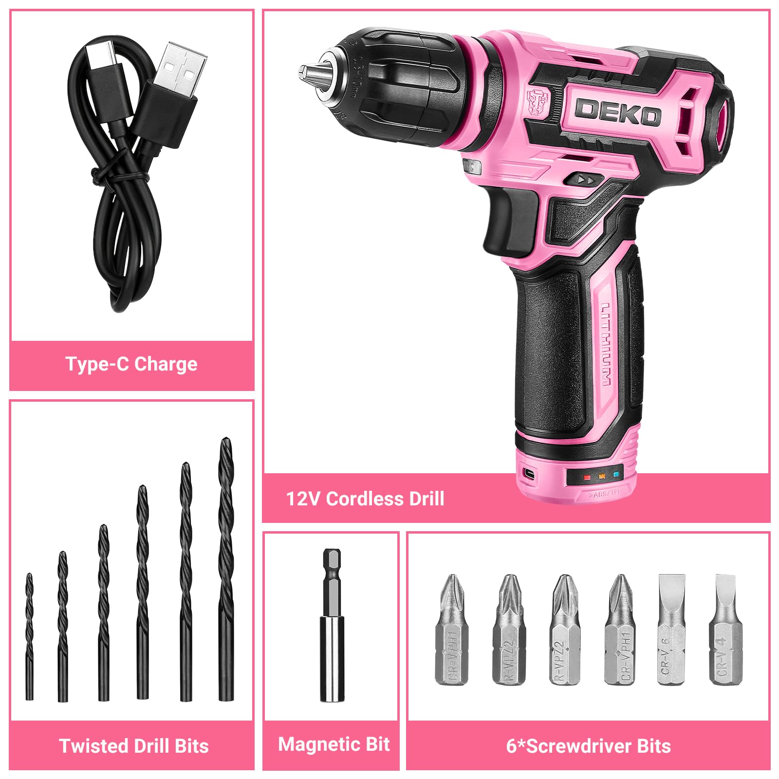Cordless Drill:DEKOPRO 12V Power Drill Set with Pink Electric Drill with Tool Set Gift Box, Pink Drill Set for Women