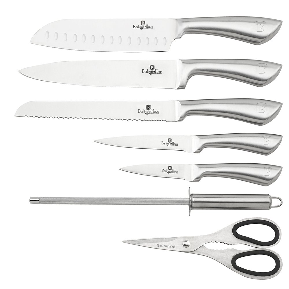 Berlinger Haus Stainless Steel Bread Box for Kitchen Countertop and Kitchen Knife Set with Block 8 Piece, Silver