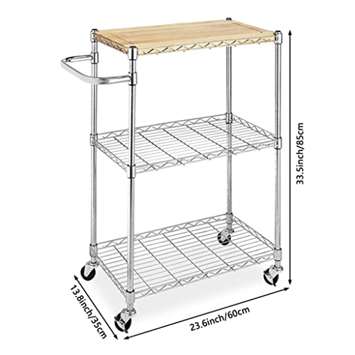 CXDTBH 3 Tier Kitchen & Microwave Trolley 60x35x85CM Storage Rack Wood & Chrome Utility Storage Trolley