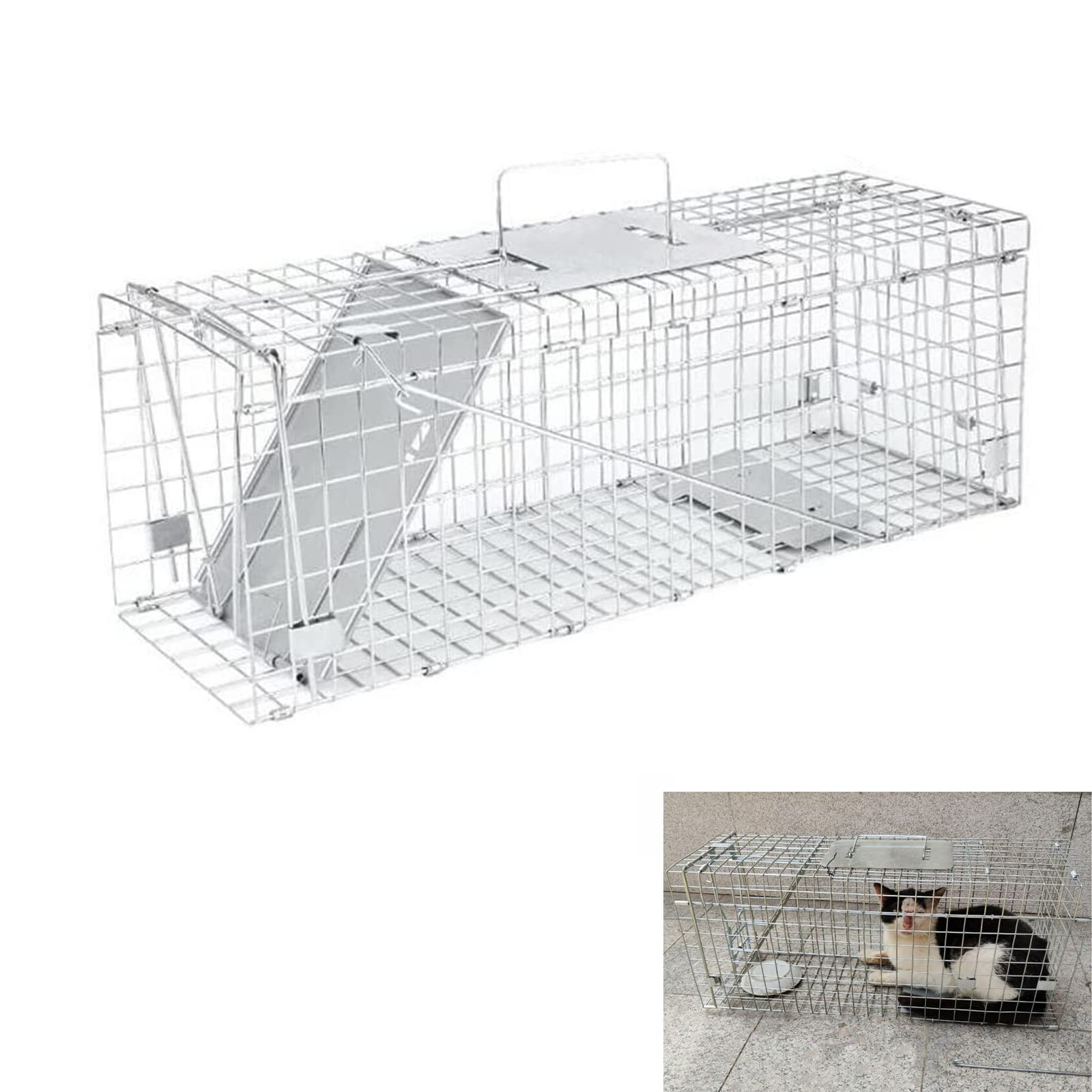 Cat Trap for Stray Cat Humanitarian-aid, Foldable Catch and Release Animal Trap Large One-Door with Metal Guard Handle 24Ć7.5Ć8.3 Inch