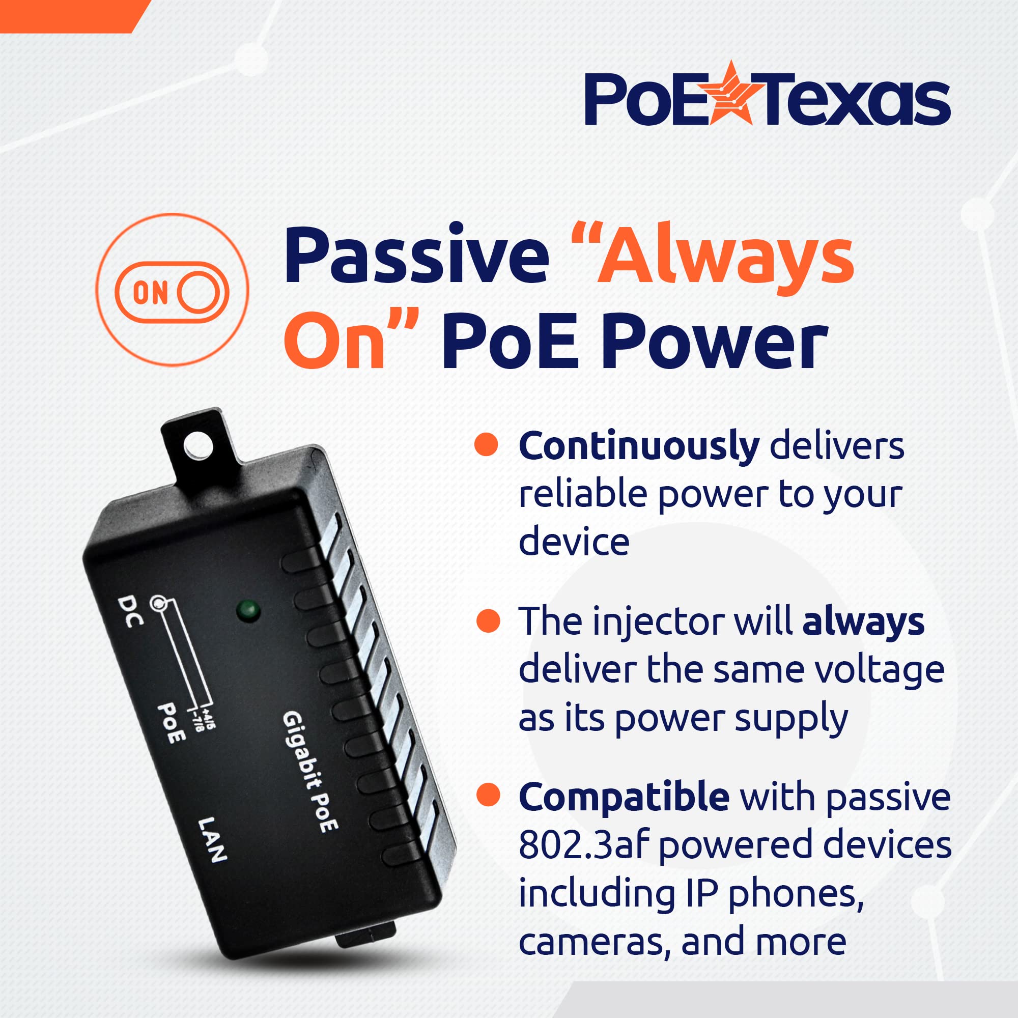 Poe Texas PoE Injector - Single Port Power Over Ethernet Passive PoE Adapter - 10/100/1000 Gigabit Data Accepts 12v to 56v DC - Plug & Play Home Office VoIP Phone WiFi AP - Power Supply Not Included
