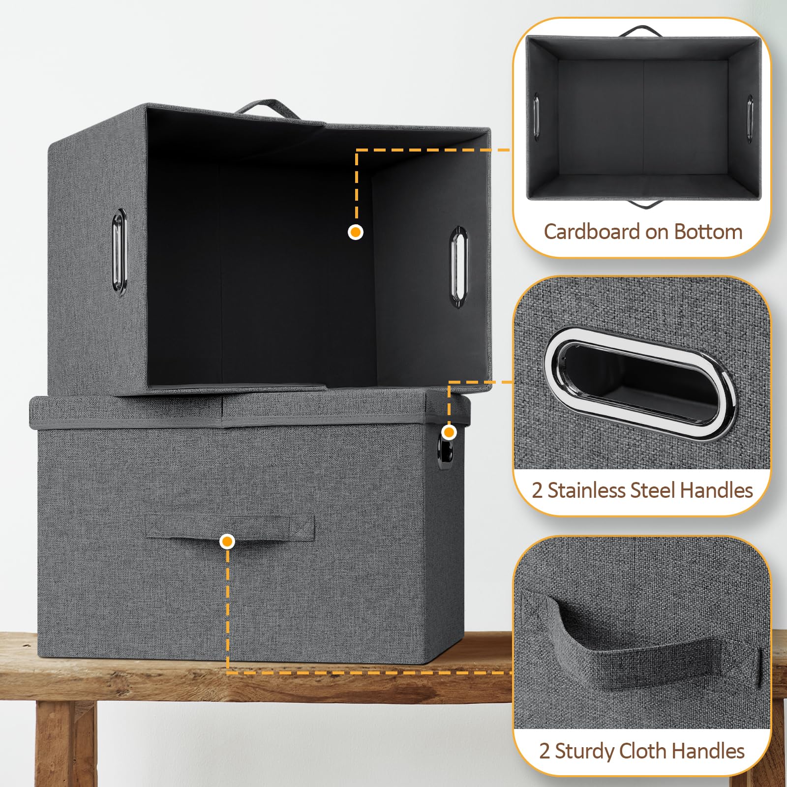 Bellzacasa Extra Large Collapsible Storage Bins with Lids, 3 Pack Linen Fabric Foldable Storage Bin Cube with 4 Handles, Storage Baskets Box for Home, Office, Closet, Gray, 22.8x15.7x11.8β