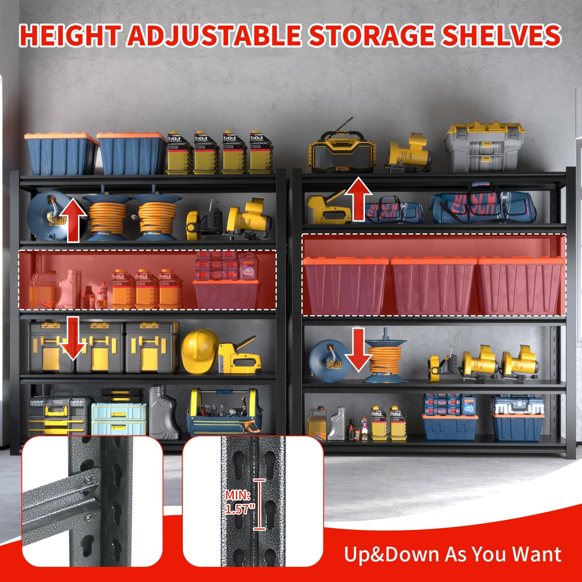 DARTIIA 72" H Garage Shelving 3000LBS Heavy Duty Storage Shelves Adjustable 5 Tier Metal Shelves for Storage Garage Industrial Shelving Utility Racks,23.9" D x 40" W x 72" H,Black