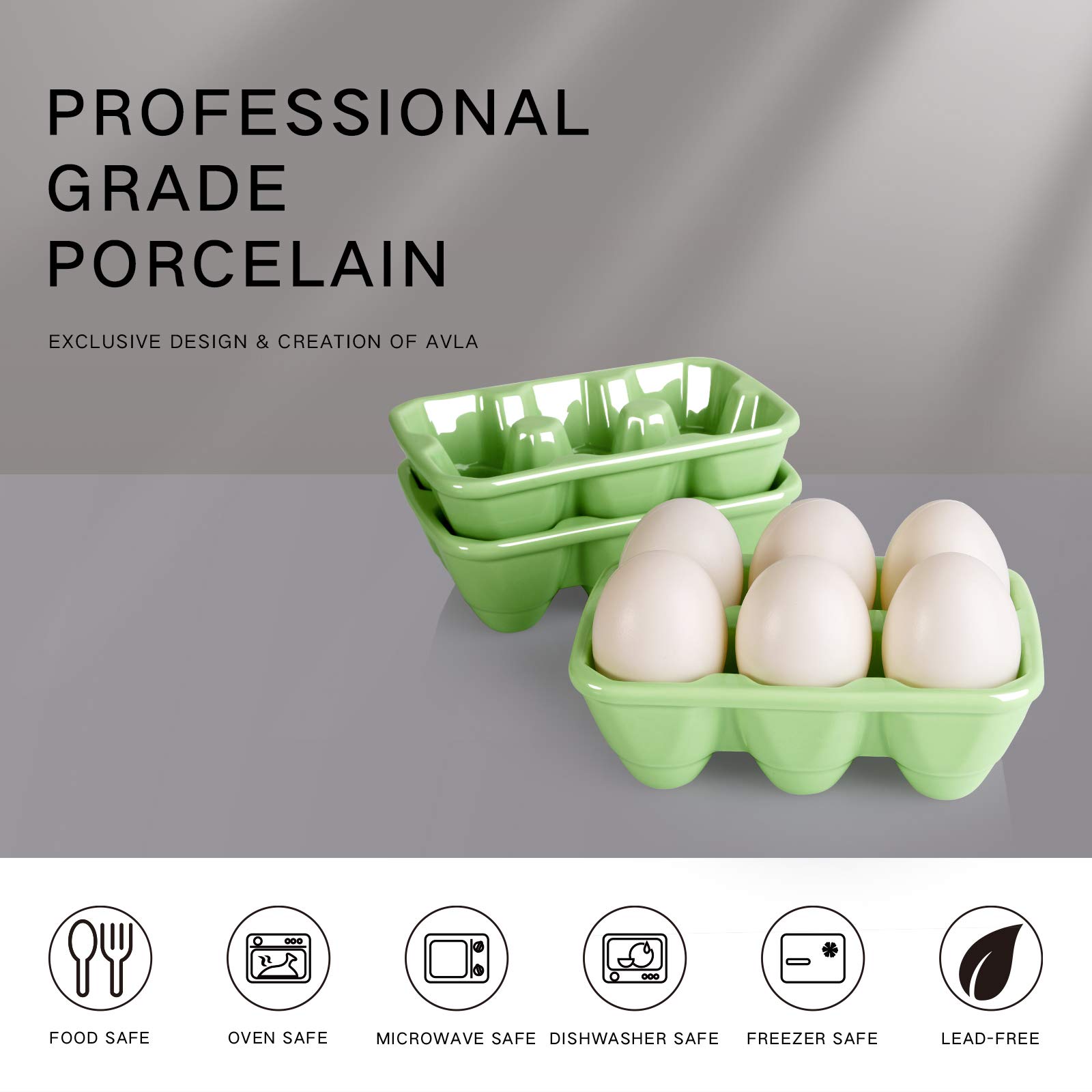 AVLA Set of 3 Ceramic 6 Cup Egg Tray - Half Dozen Porcelain Egg Holder Decorative, Eggs Dispenser Container Keeper Storage Organizer for Kitchen, Restaurant, Fridge, Countertop, Display, Green