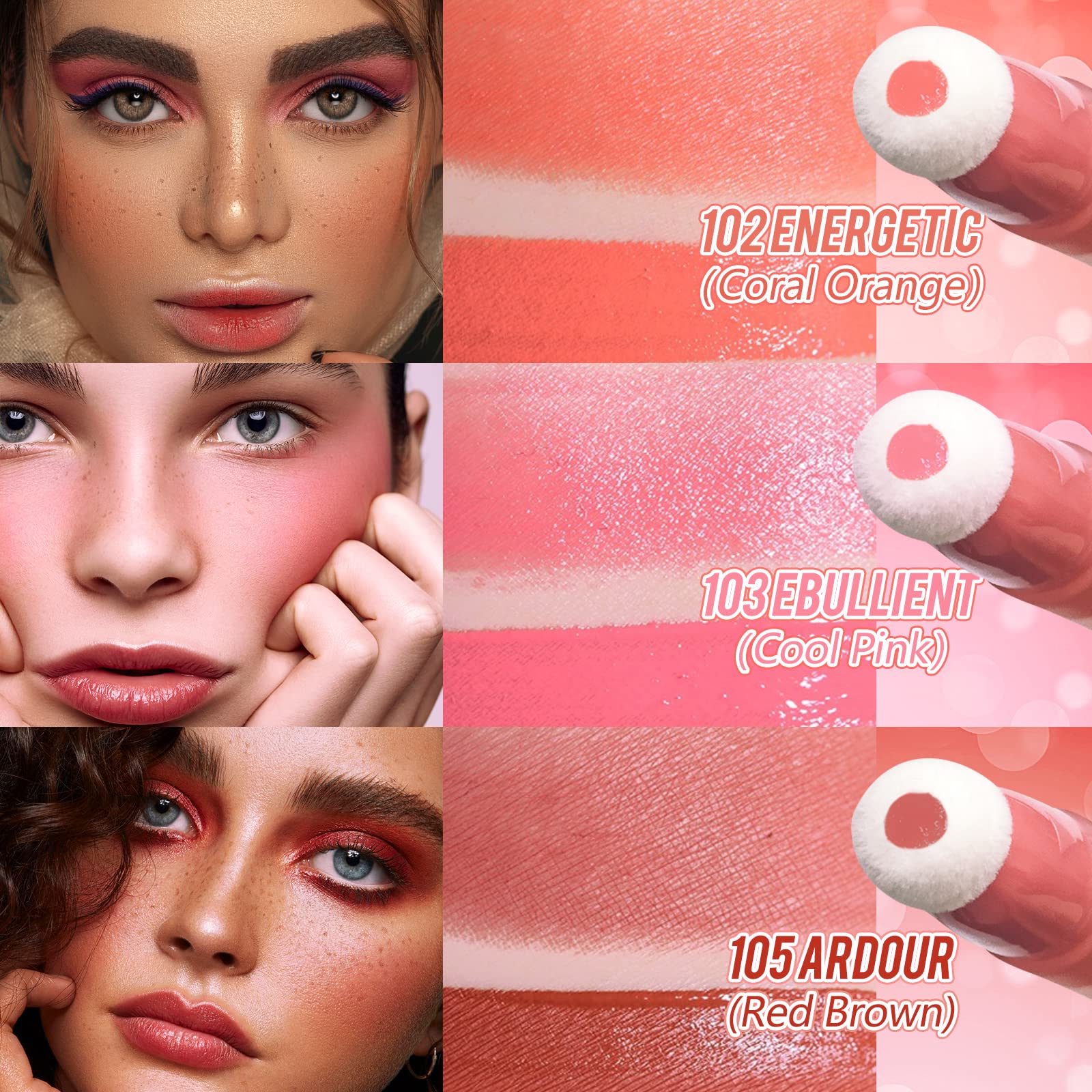 BEFIVECOK 3Pcs Liquid Blush Makeup Wand Set, Soft Cream Blush Stick with Cushion Applicator for Cheeks, Natural Creamy Formula, Lightweight Blendable Dewy Finish, Long-wearing Creme Blush Wand (Set B)