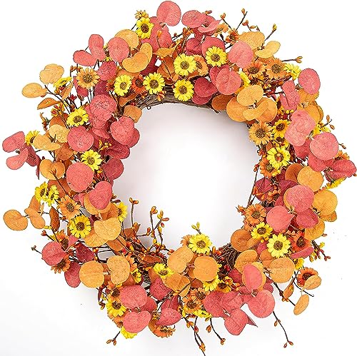DIYFLORU Fall Wreaths for Front Door 22 inch Autumn Door Wreath Fall Eucalyptus Wreath with Daisy for Thanksgiving Harvest Festival Indoors Outside