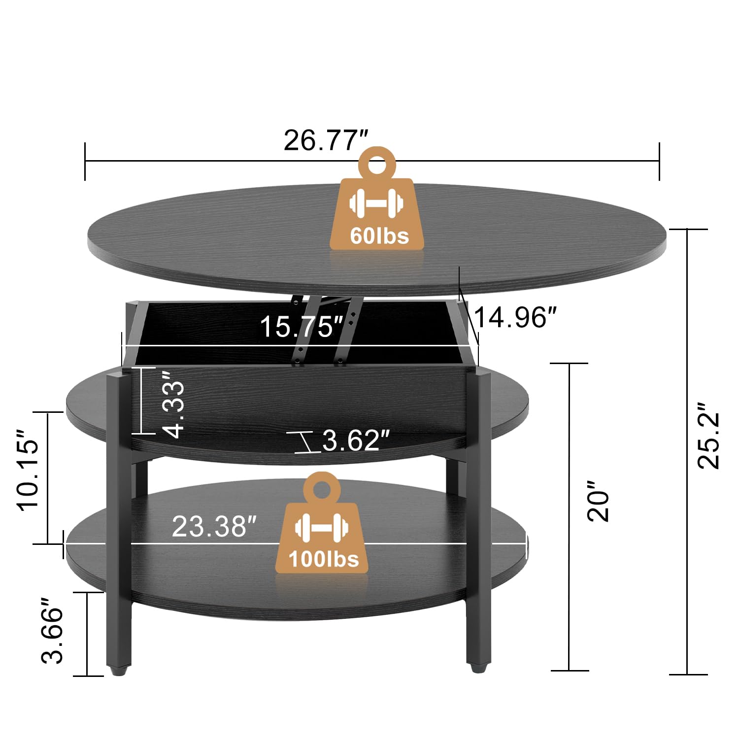 FABATO Round Lift Top Coffee Table with Storage and Hidden Compartment, 26.77'' Farmhouse Coffee Table for Living Room Reception Room, 2 Tier Small Round Coffee Table Circle Dining Table, Black