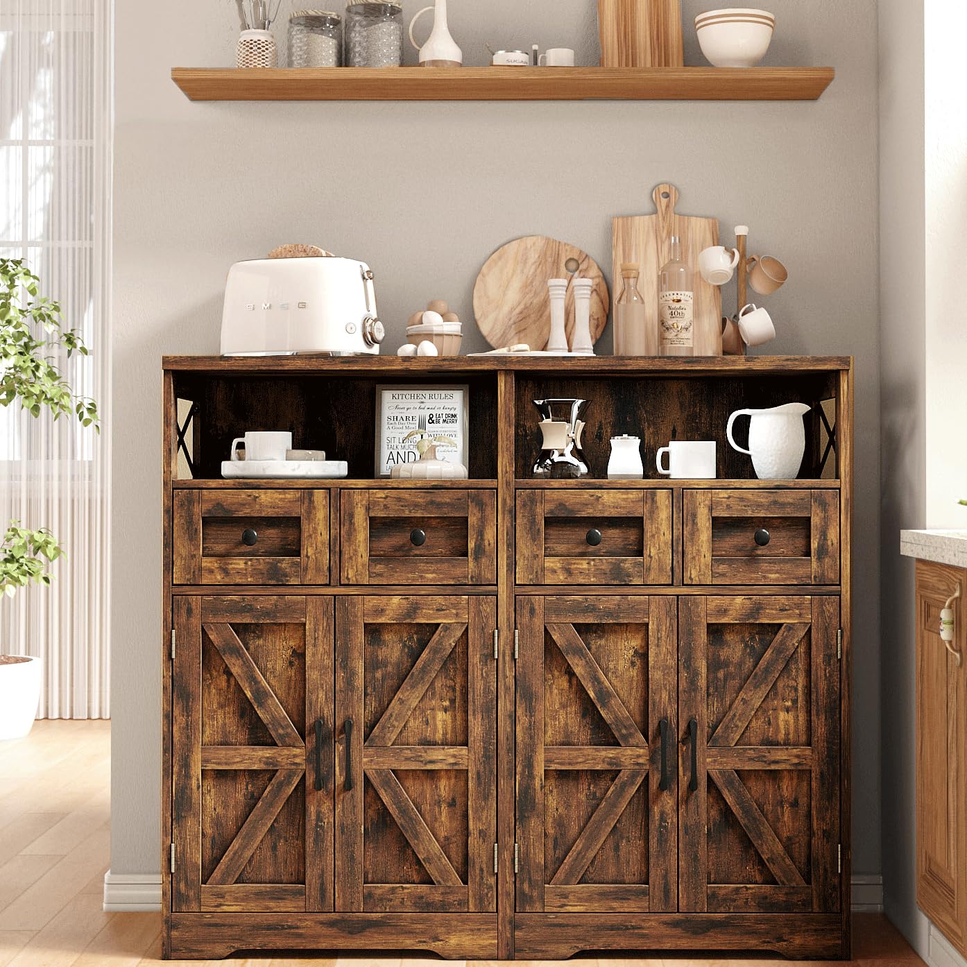 Befrases Farmhouse Storage Cabinet with Drawers and Shelves, Freestanding Kitchen Pantry Storage Cabinet, Floor Storage Cabinet Hutch Cupboard for Dining/Living Room/Home Office, Rustic Brown