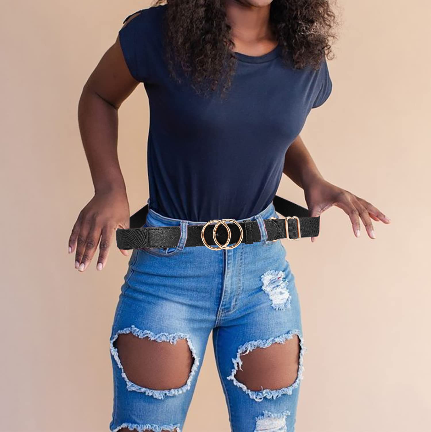 Black Elastic Belt for Women - CR 1.25" Stretch Waist Belts for Women for Dresses Jeans - Fully Adjustable for Comfort Fit