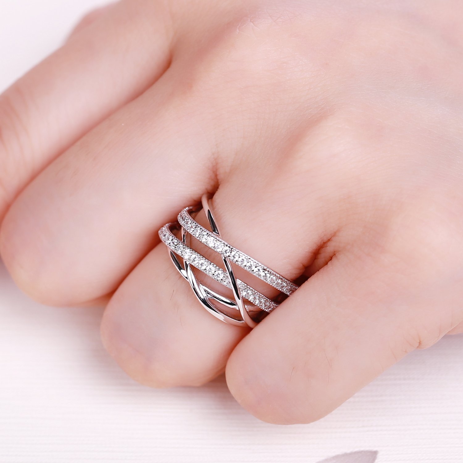JO WISDOM 925 Sterling Silver Criss Cross Wide Band Engagement Rings for Women with AAA Cubic Zirconia ring size 7