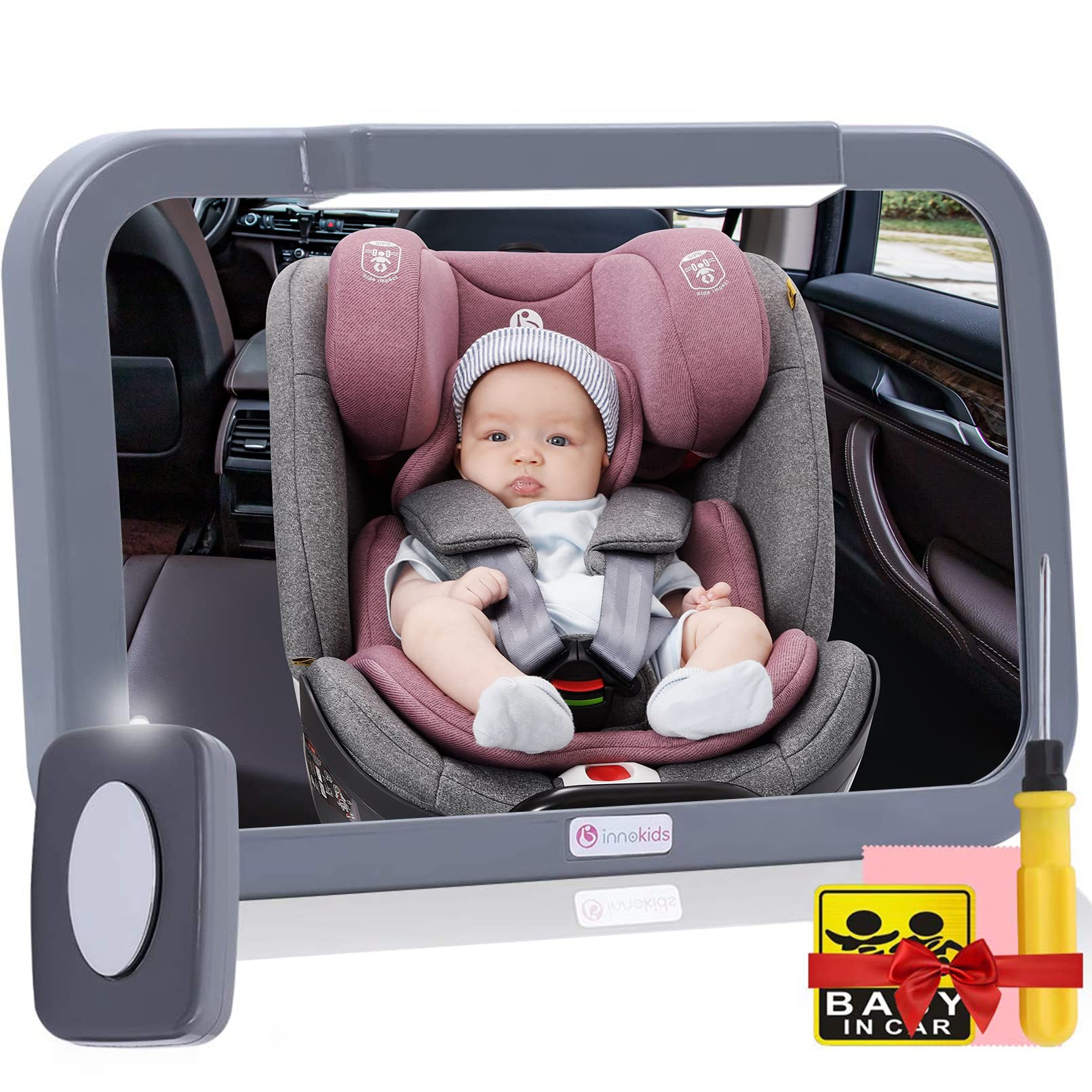 Baby Car Mirror with Light Innokids Dual Mode LED Lighting by Remote Control Clear View of Infant in Rear Facing Back Seat While Night Driving (Gray)
