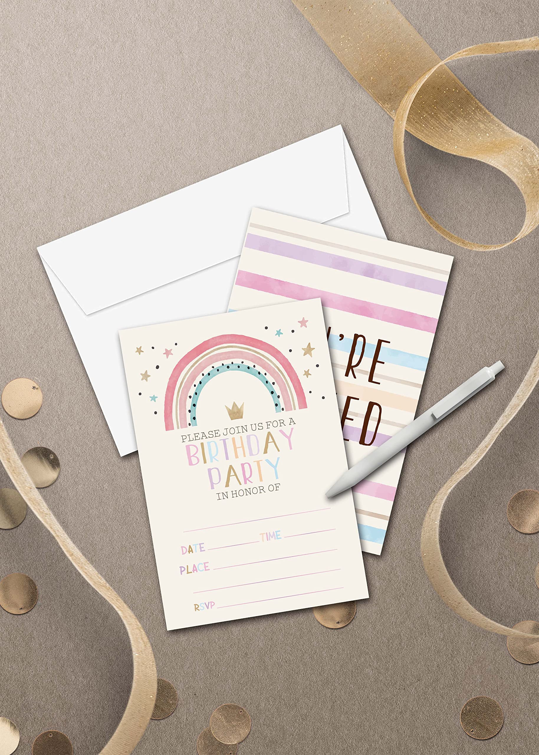 Disfuco Pink Rainbow Birthday Party Invitations - Boho Rainbow Party Supplies - Fill in The Blank Birthday Party Invites - 20 Invitation Cards With 20 Envelopes - (005A)