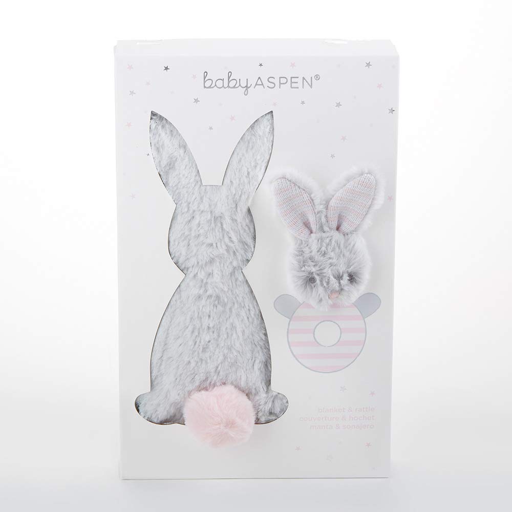 Baby Aspen Luxury Baby Blanket and Bunny Rabbit Rattle Gift Set - Pink/Light Gray/Light Pink
