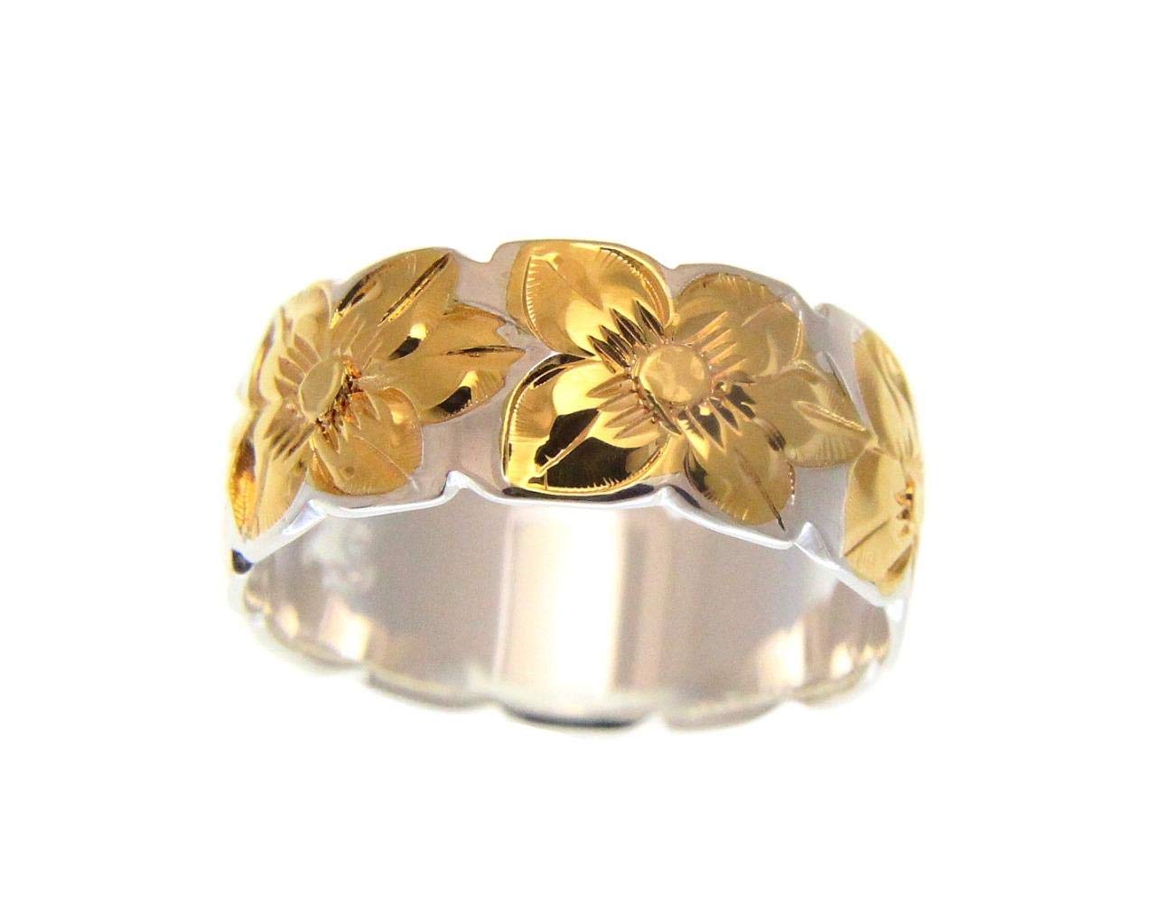 Arthur's Jewelry 925 sterling silver Hawaiian plumeria flower all around 2 tone yellow gold plated 8mm band ring size 14