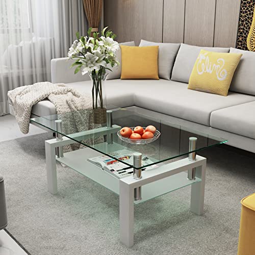 IANIYA Coffee Table with Metal Tube Legs, Glass and Rectangle End Table for Livingroom (White)