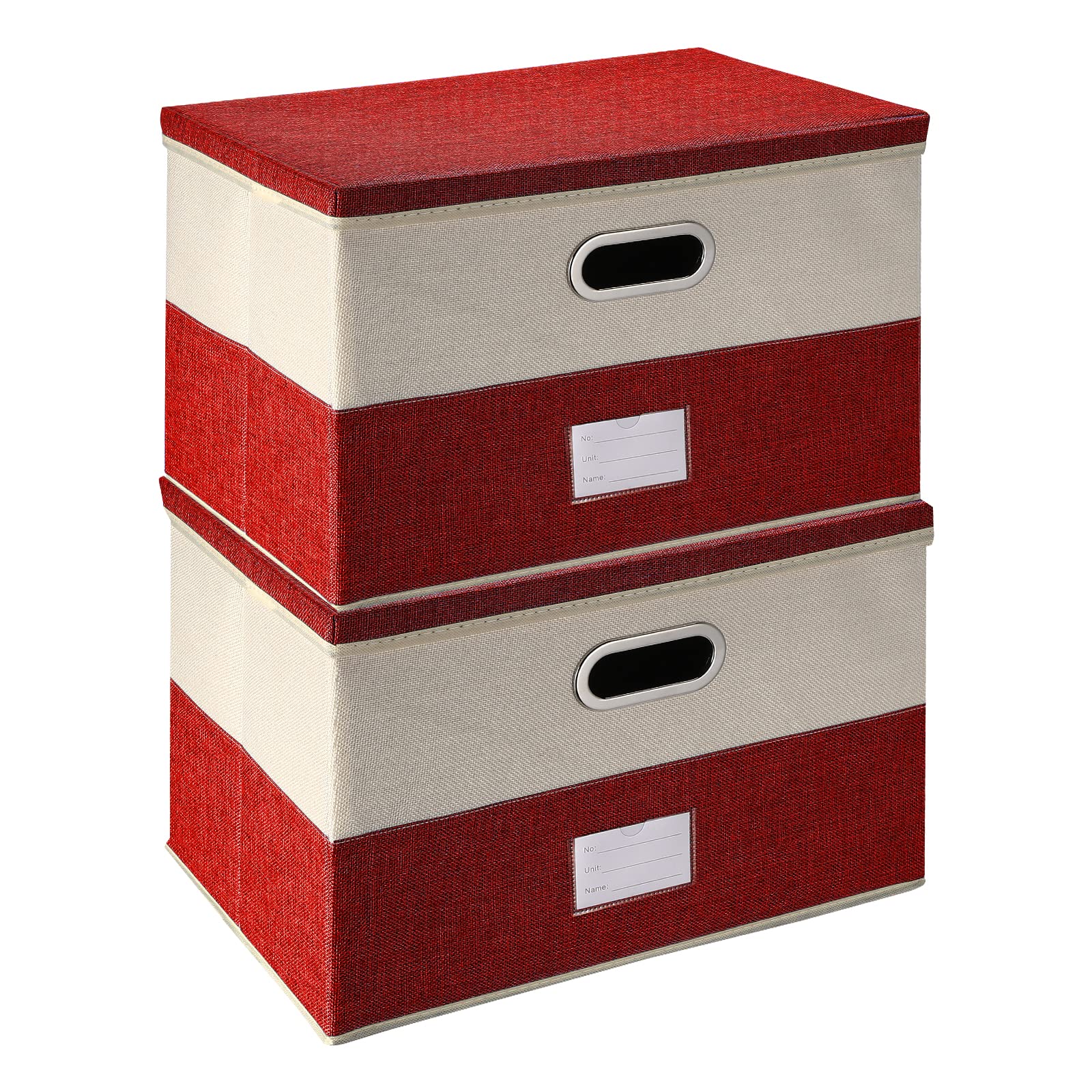 Fassave Foldable Storage Bins with Lids, 2 Packs Fabric Storage Container Basket Cube with Handles for Office, Bedroom, Closet (Small-2 Pack, Beige&Red)