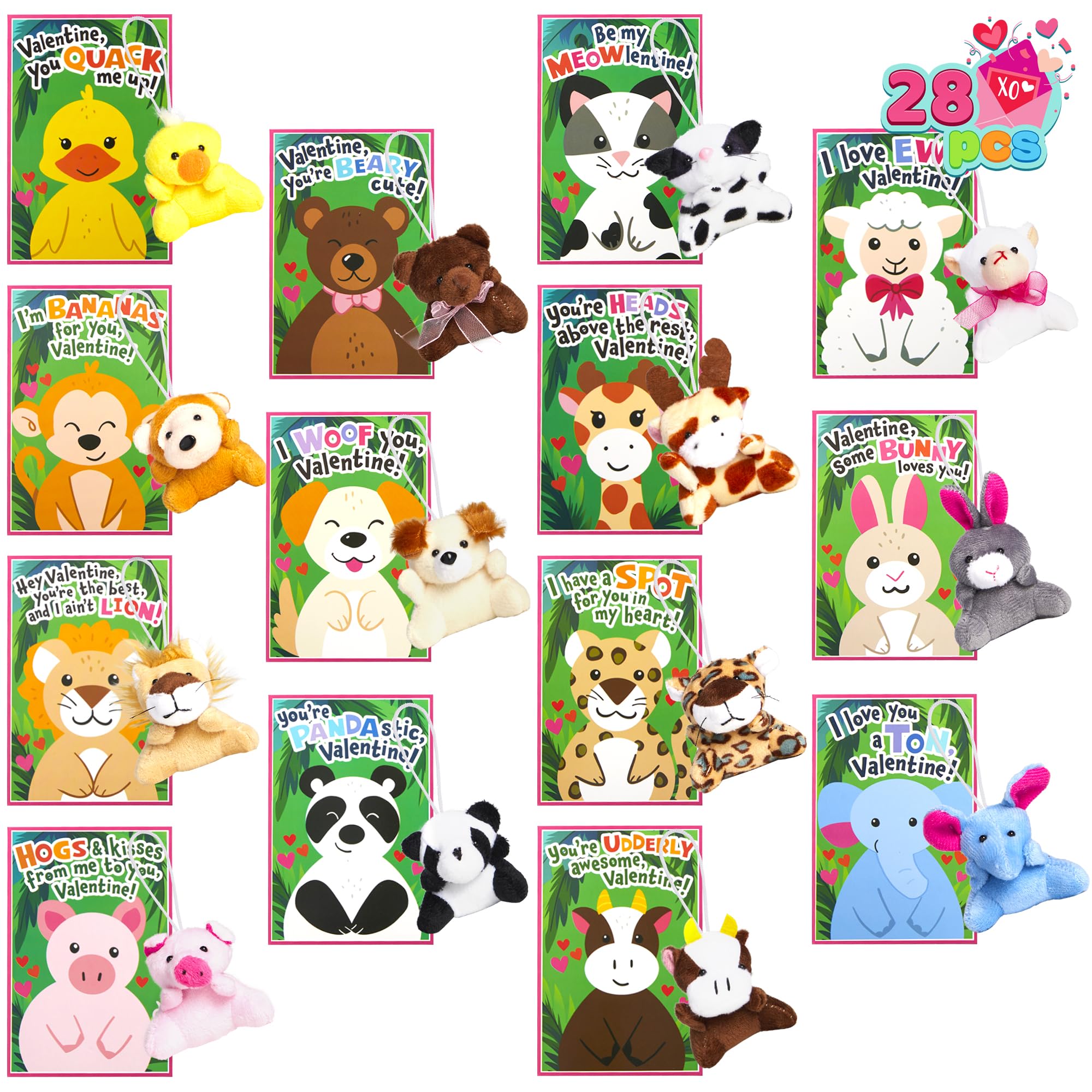 JOYIN 28 Pack Valentines Day Gifts Cards for Kids with Animal Plush Toy Key Chain Stress Relief Fidget Toy for Valentine's Classroom Exchange Cards and Valentines Party Favor