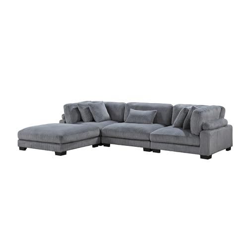Lexicon Modular Sectional Sofa, Oversized Sectional Sofa, Corduroy Sectional Couch, Extra Large Sofa Set with 5 Matching Pillows, 4 Seater L Shape Sofa with Ottoman, Gray