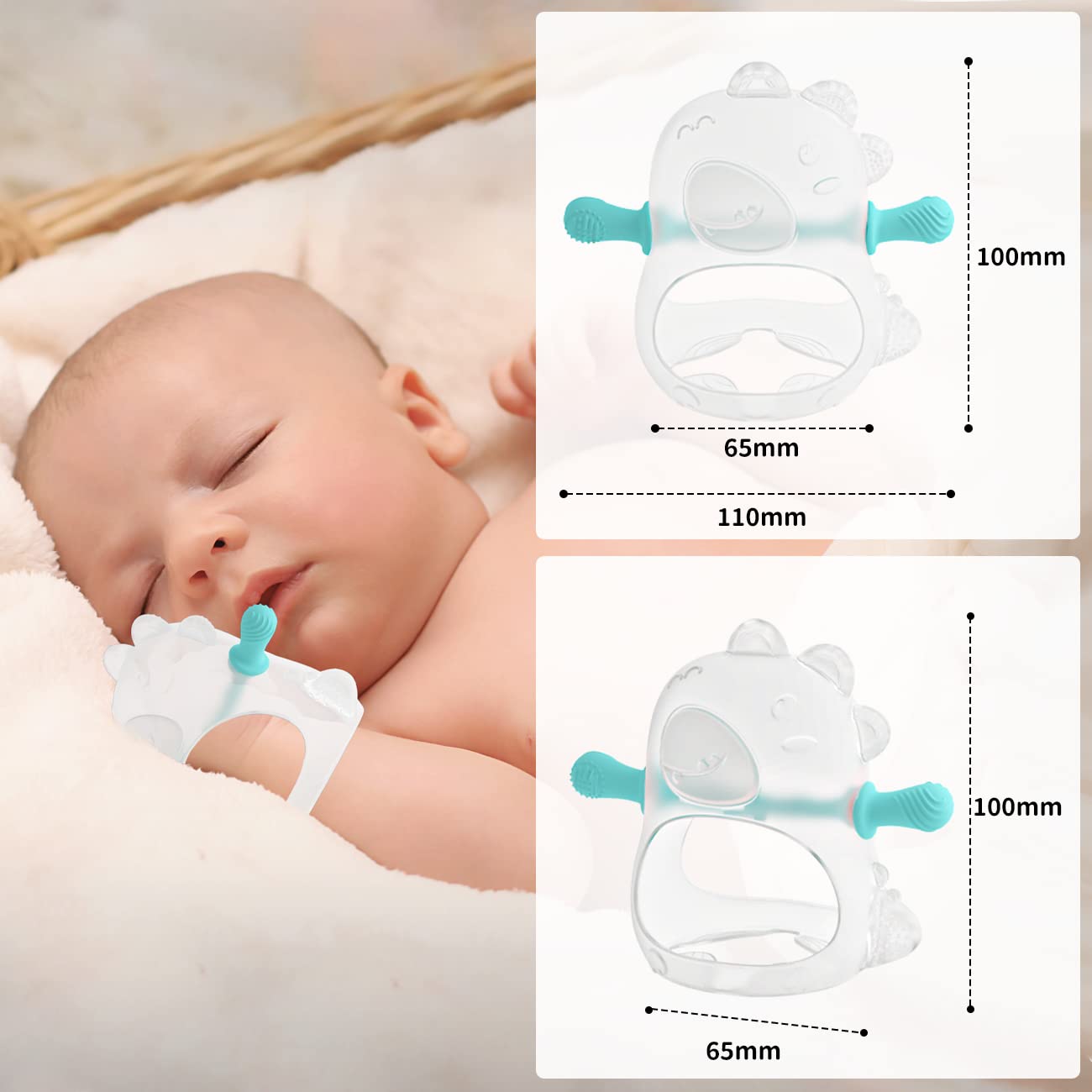 bybeleca Baby Teething Toys 0-12 Months Silicone Hand Teethers for Babies Infants Anti Drop Dinosaur Chew Toys with Case, Blue