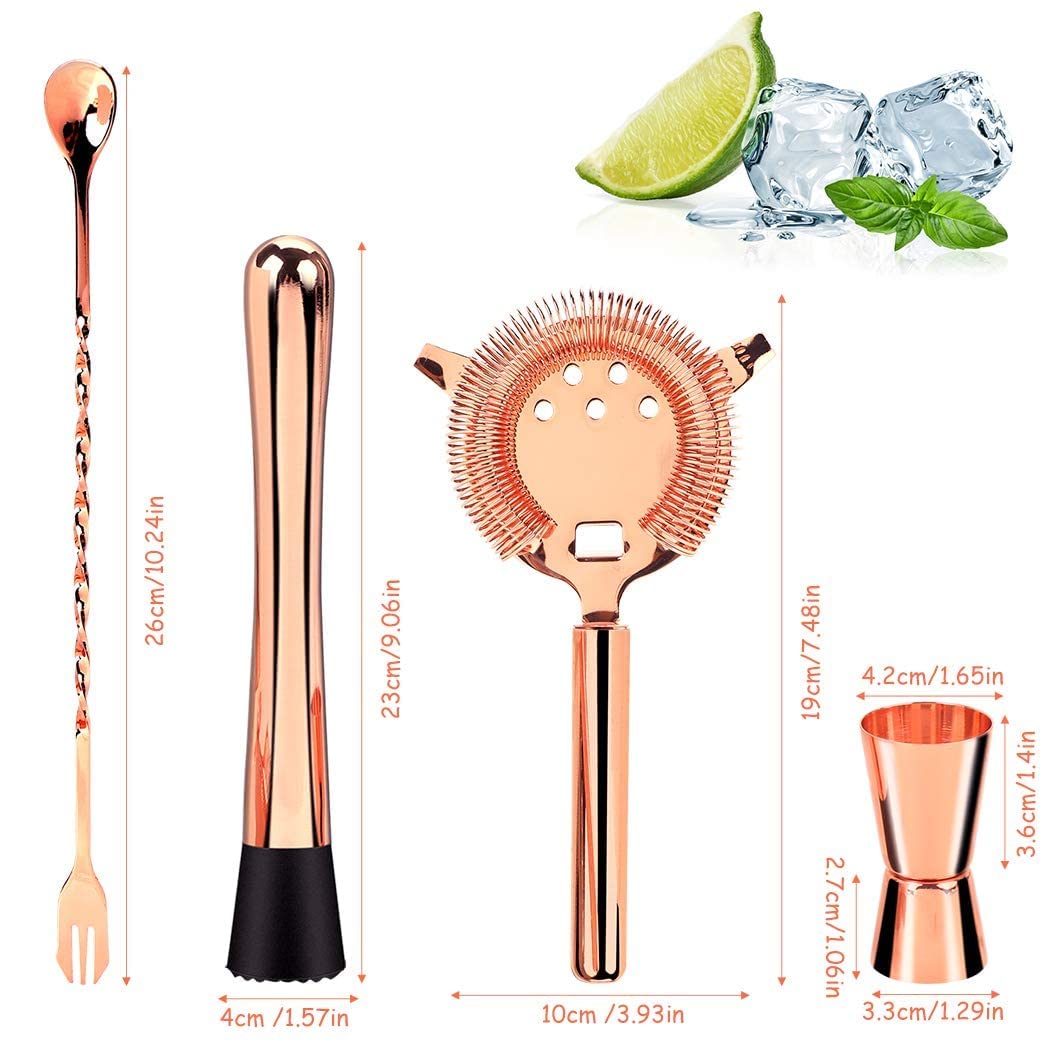 Cocktail Tools, JUSTDOLIFE Stainless Rose Gold Mixing Spoon Double Jigger with Cocktail Ice Muddler and Cocktail Bar Strainer for Home Bar Cocktail Drinks