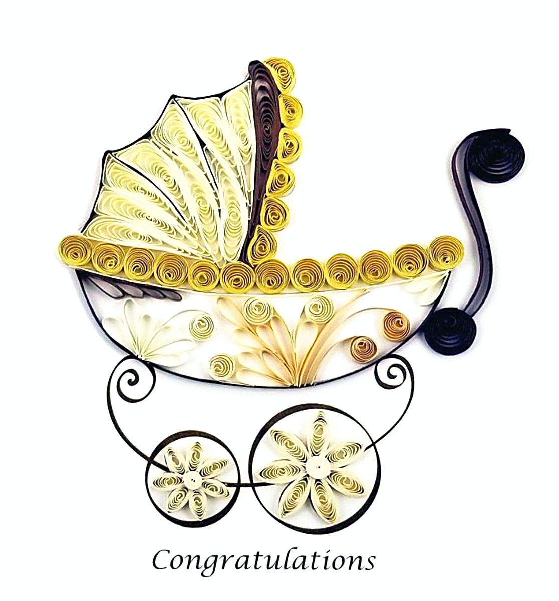 Baby Carriage"Congratulations" Quilling Greeting Card, 6x6" with Envelope. Blank Inside. Hand-made. Suitable for Framing.
