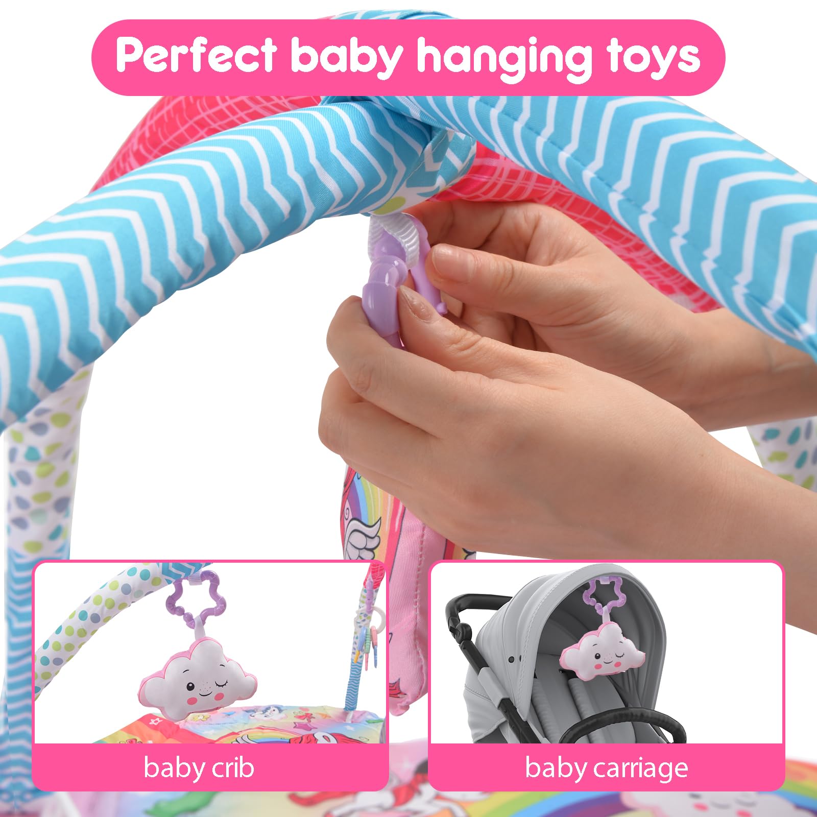 BATTOP Baby Activity Gym Play Mat,Tummy Time Mat Baby Gym with Sensory Rattle Toys&Tummy Time Pillow,for Sensory Motor Skill Development,Newborn Shower Gift
