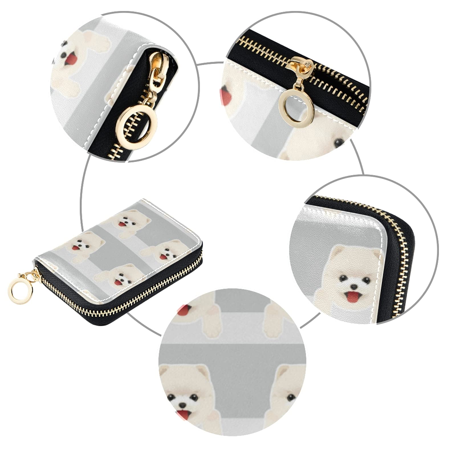 Pomeranian Dog Face Heads Seamless on White GreyGrey Credit Card Coin wallet, RFID Blocking Compact Women Leather Card Holder, Key Change Organizer, Zipper Purse Clutch Pouch Pocket