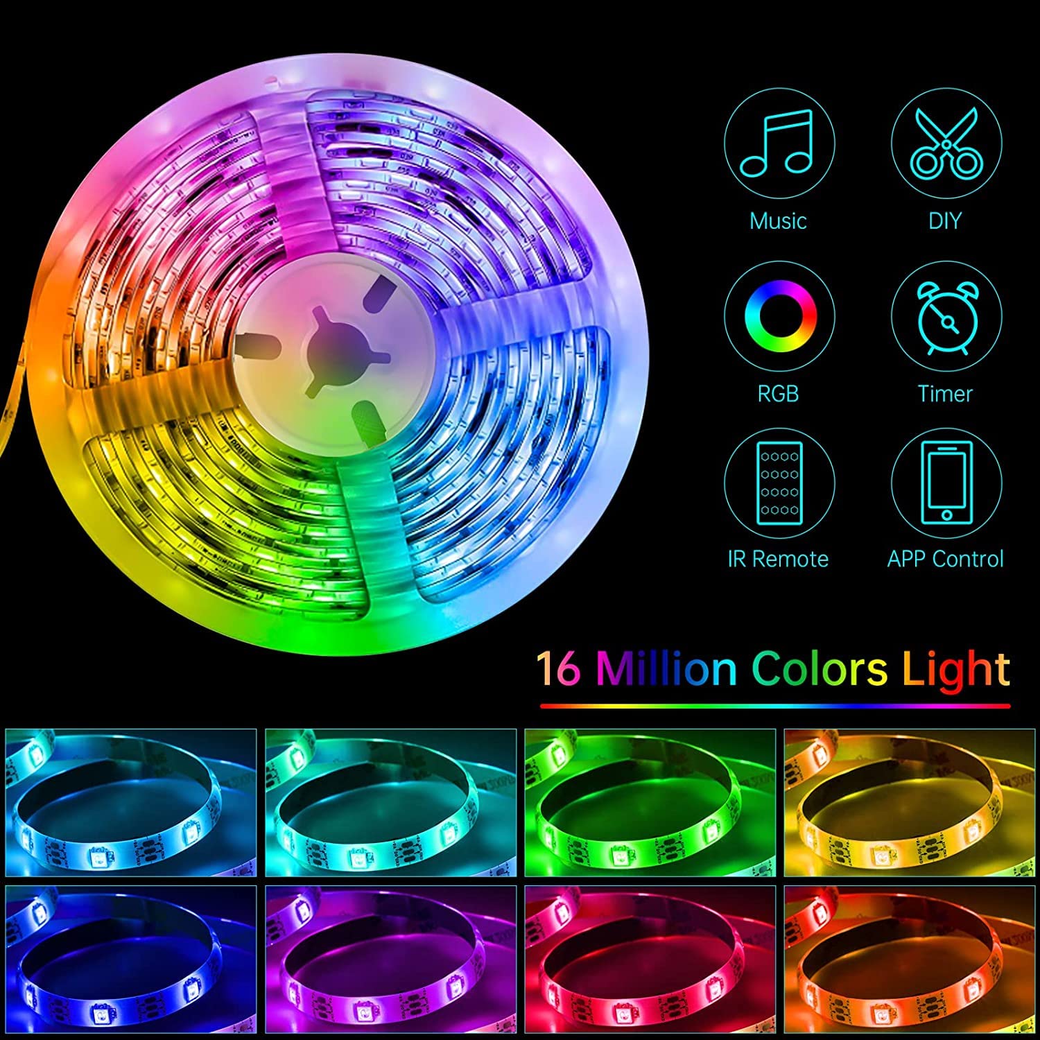 BYDIFFER 100ft Bluetooth Led Strip Lights (3 Rolls of 33.3ft), Music Sync Smart Lighting Strips with App Control, Color Change 5050 Led Light for Bedroom Room Party and Home