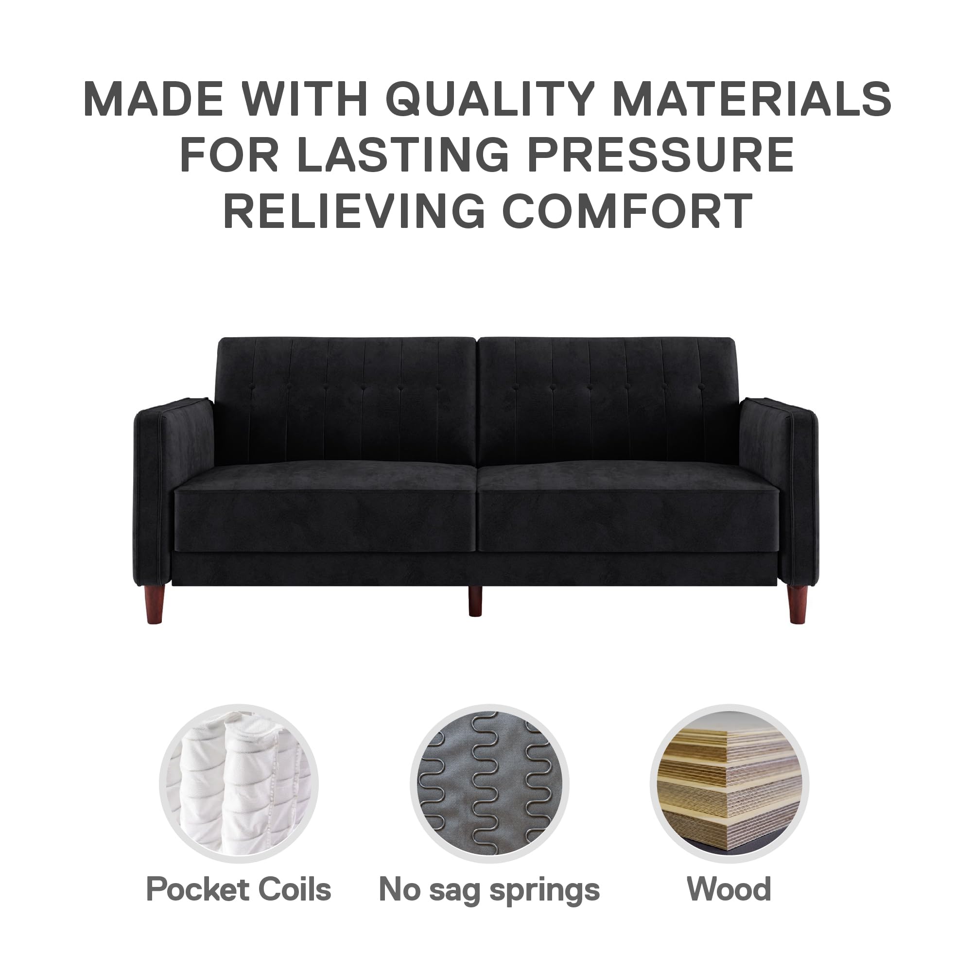 DHP Ivana 82 Inch Futon Sofa Bed in Velvet Fabric, Upholstered Couch Sleeper with Tufted Back, Mid-Century Modern, Black